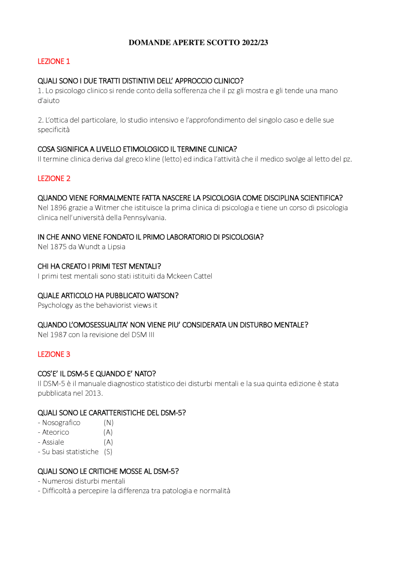 Domande Aperte Analisi e trattamento del disagio psichico | Prove d'esame di Psicopatologia ...