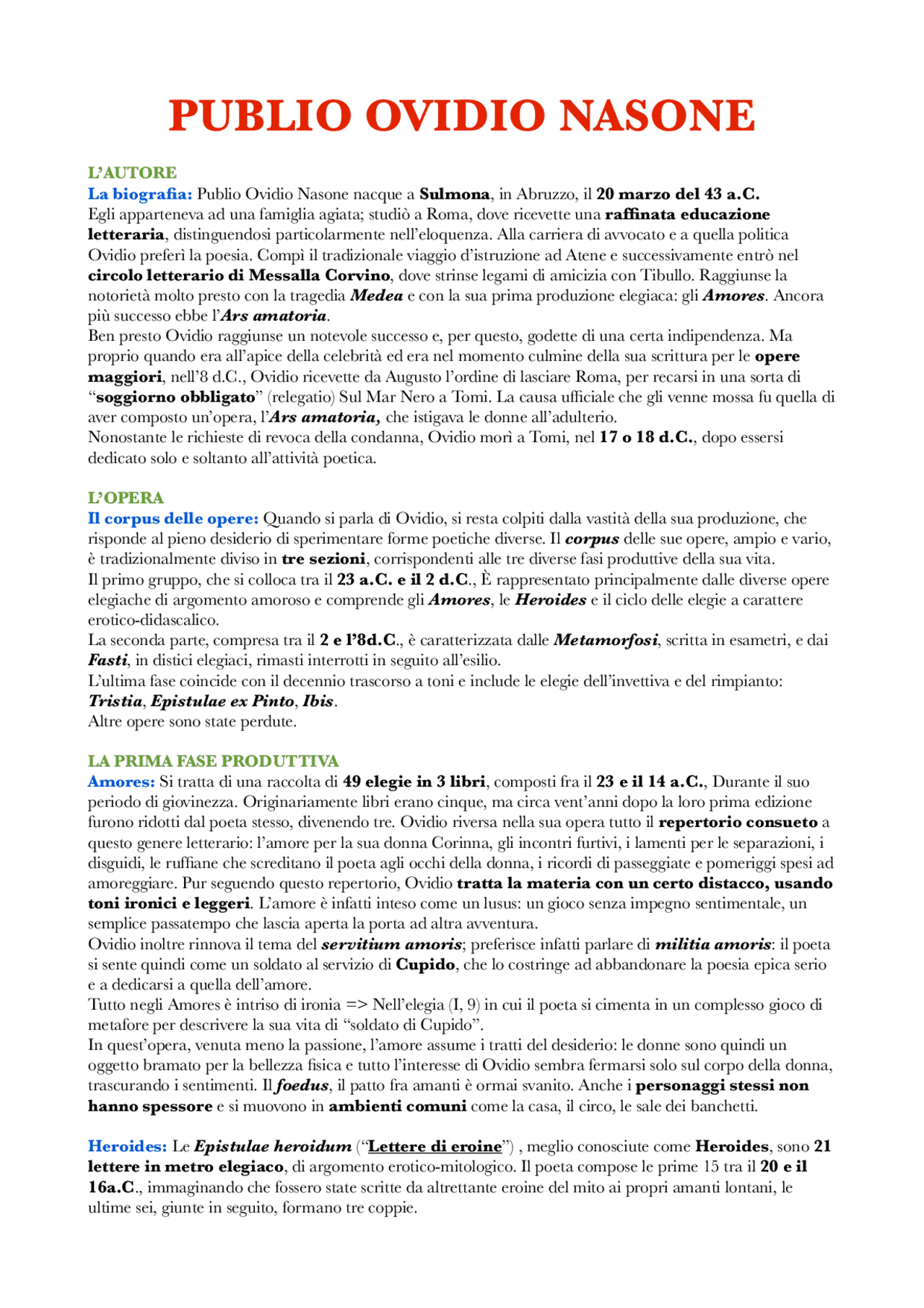 Publio Ovidio Nasone Sintesi Del Corso Di Latino Docsity