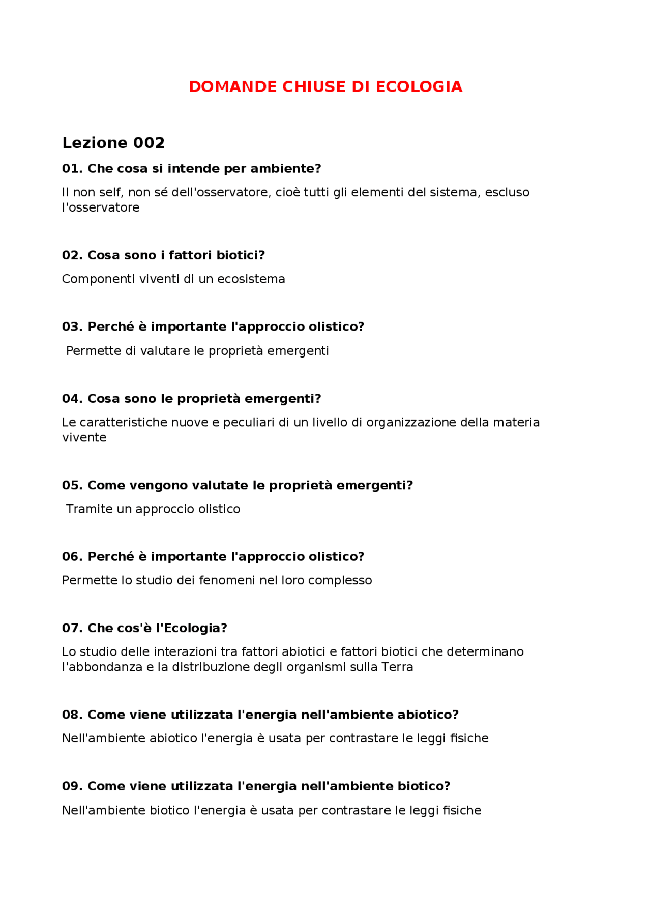 Domande Chiuse Di Ecologia E Campus Prof Luciana Migliore
