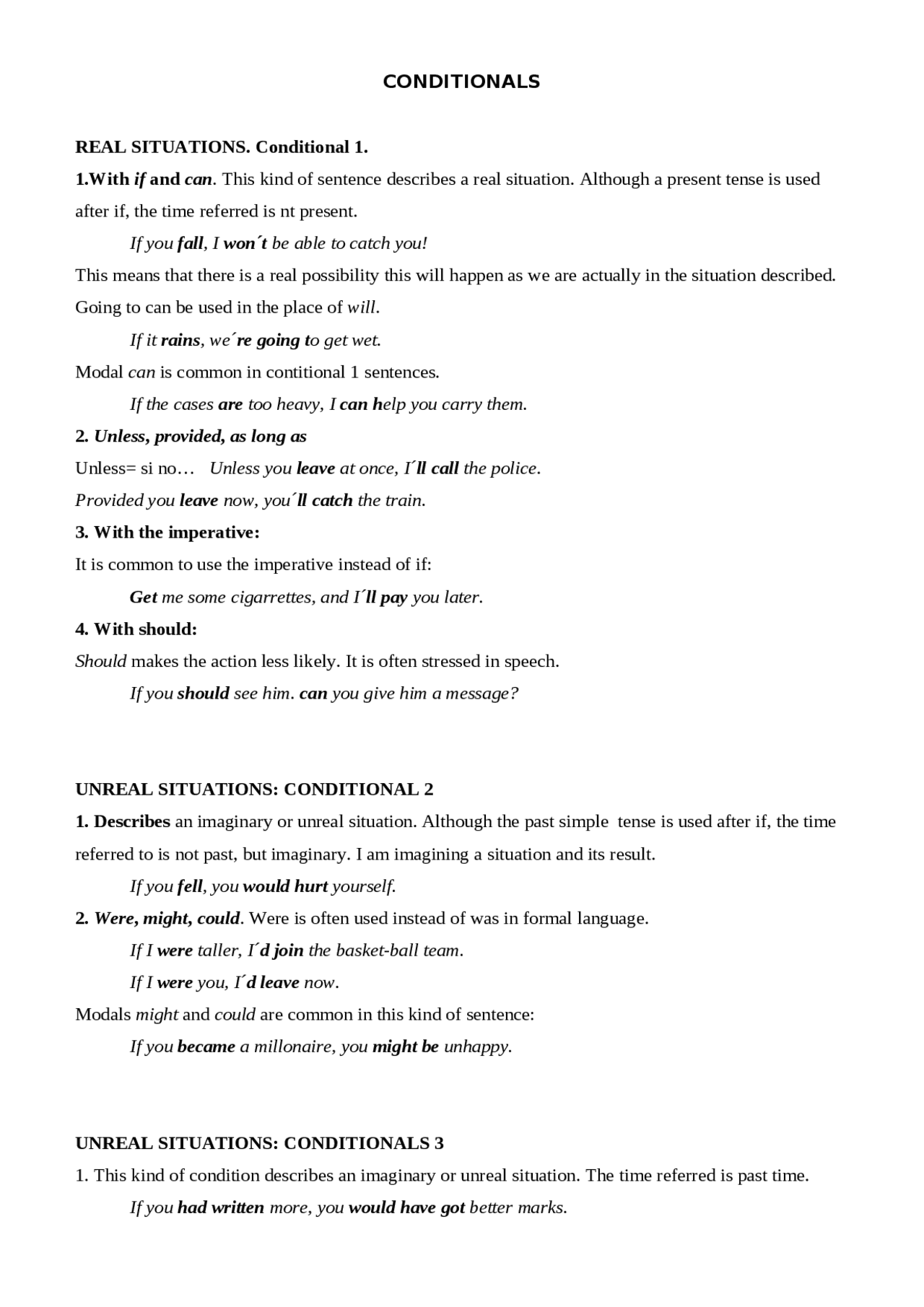 Teoría de las Conditional sentences | Ejercicios de Inglés | Docsity