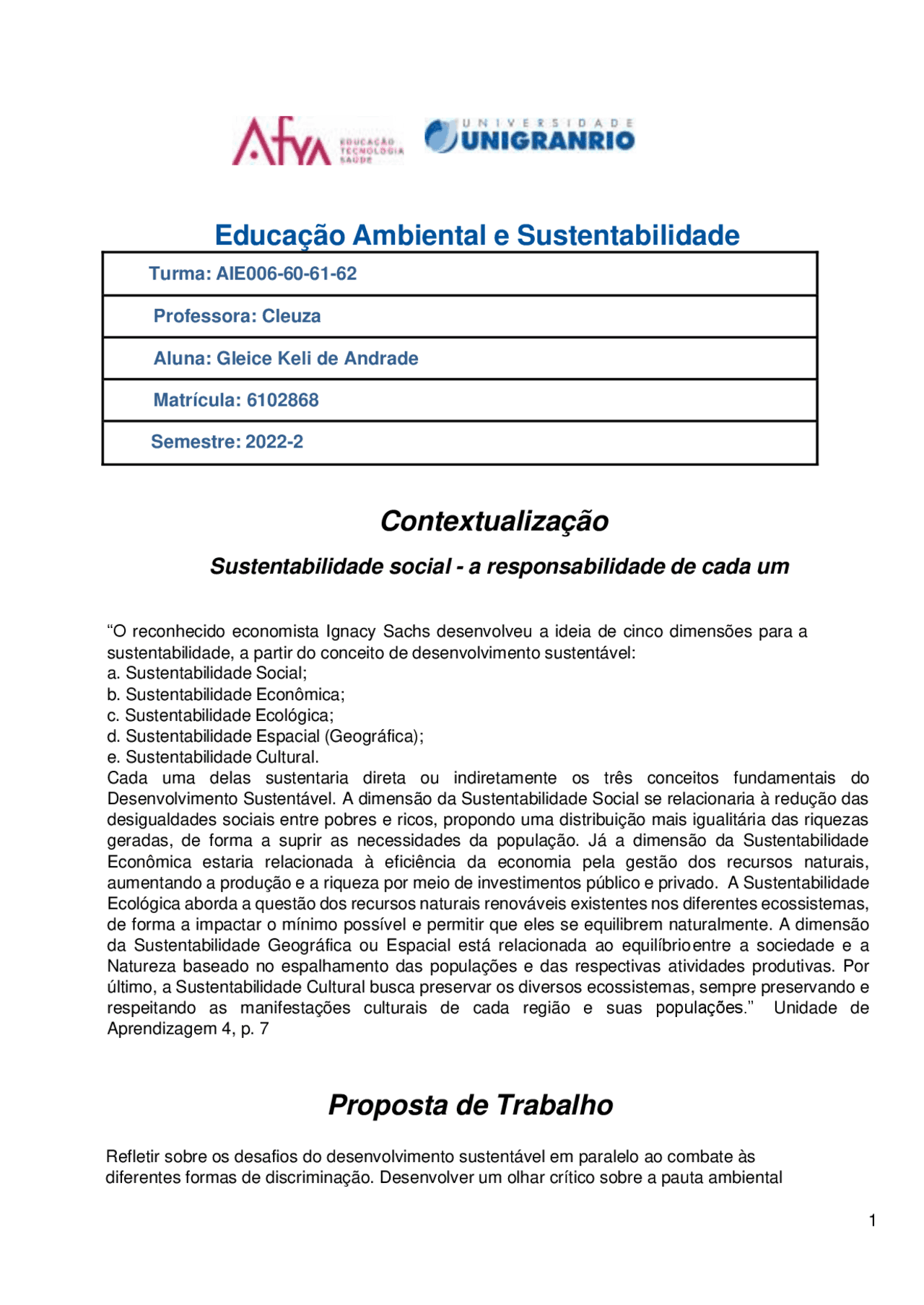 Sustentabilidade Social Trabalhos Gestão Ambiental Docsity