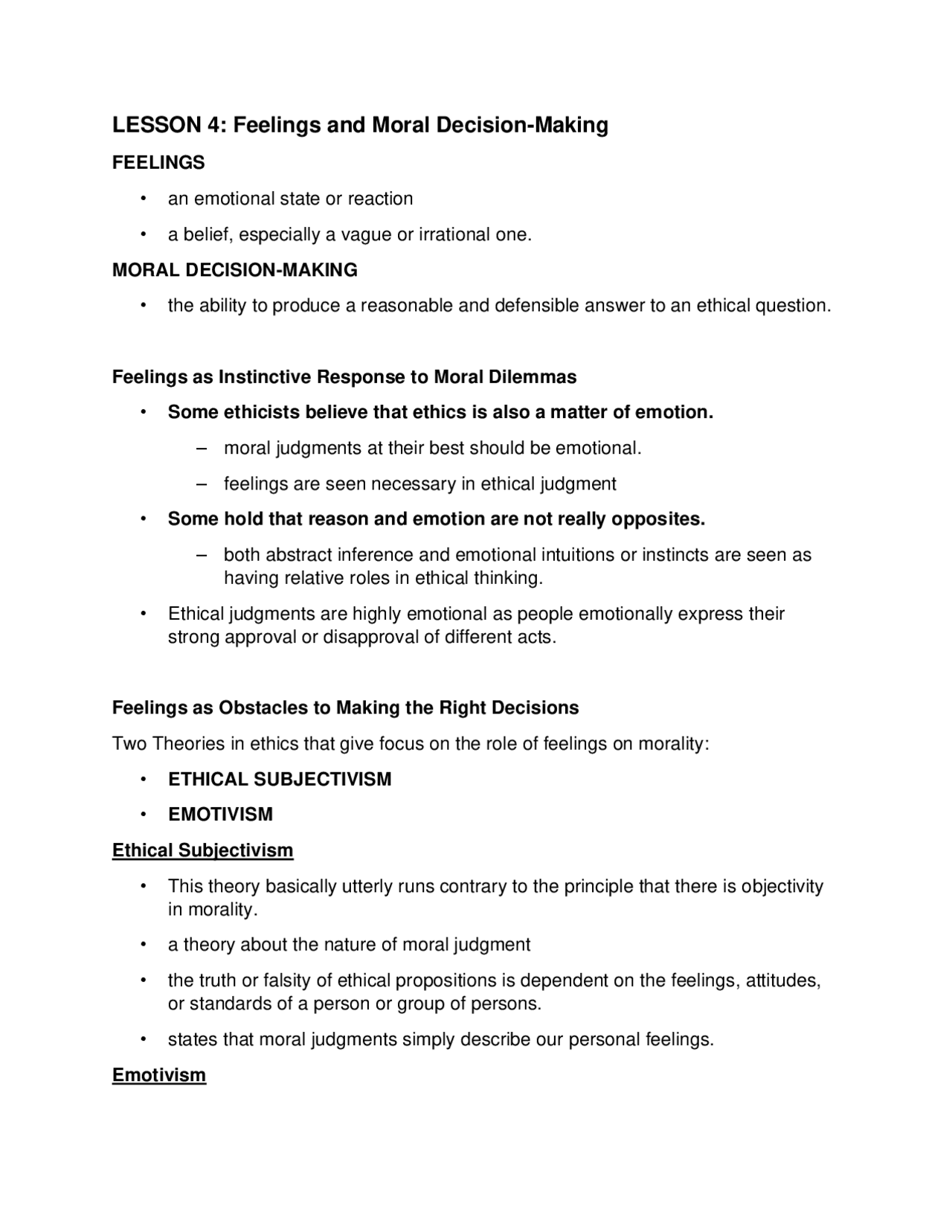 LESSON 4: Feelings and Moral Decision-Making | Study notes Ethics | Docsity