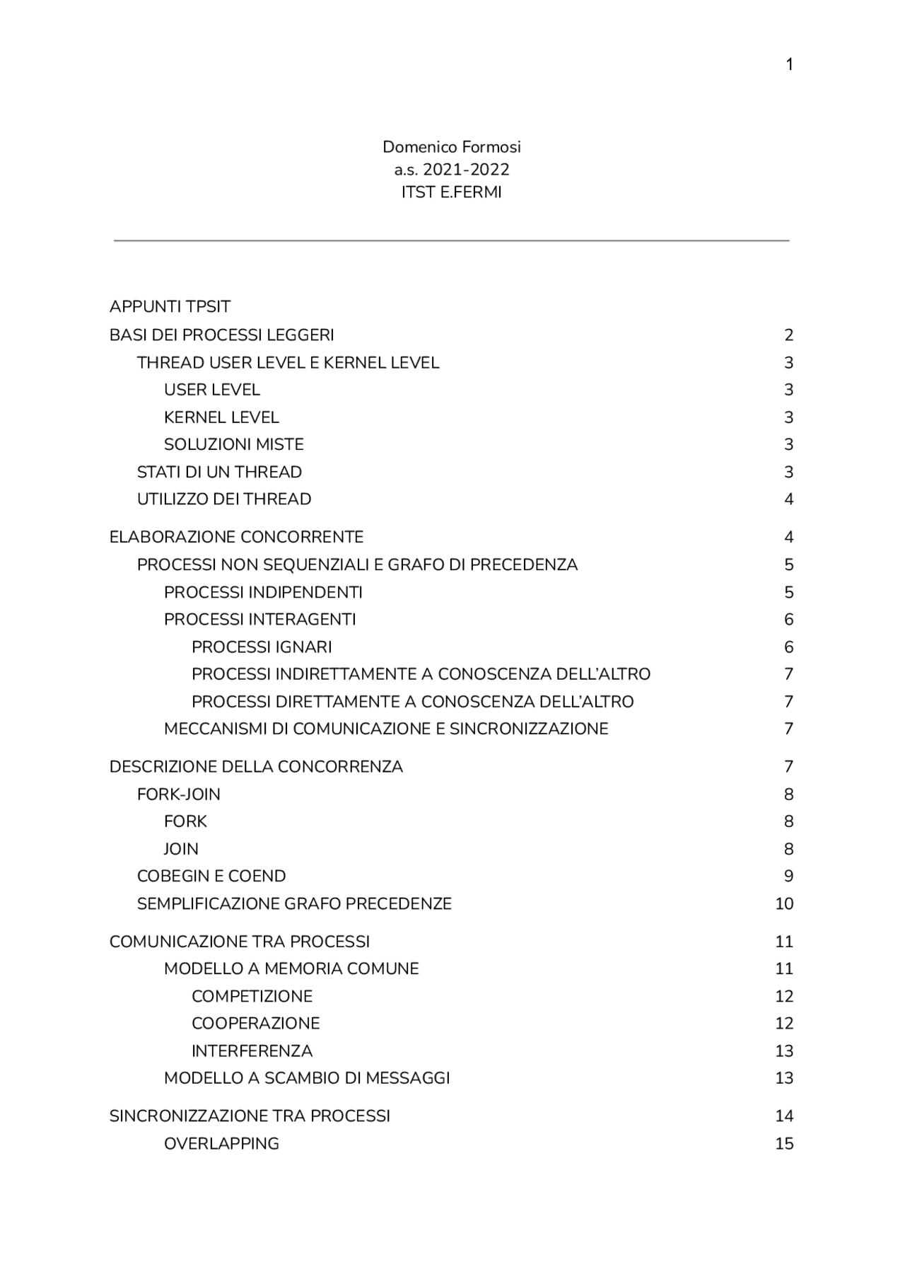 I processi leggeri - Elaborazione concorrente | Appunti di Informatica | Docsity