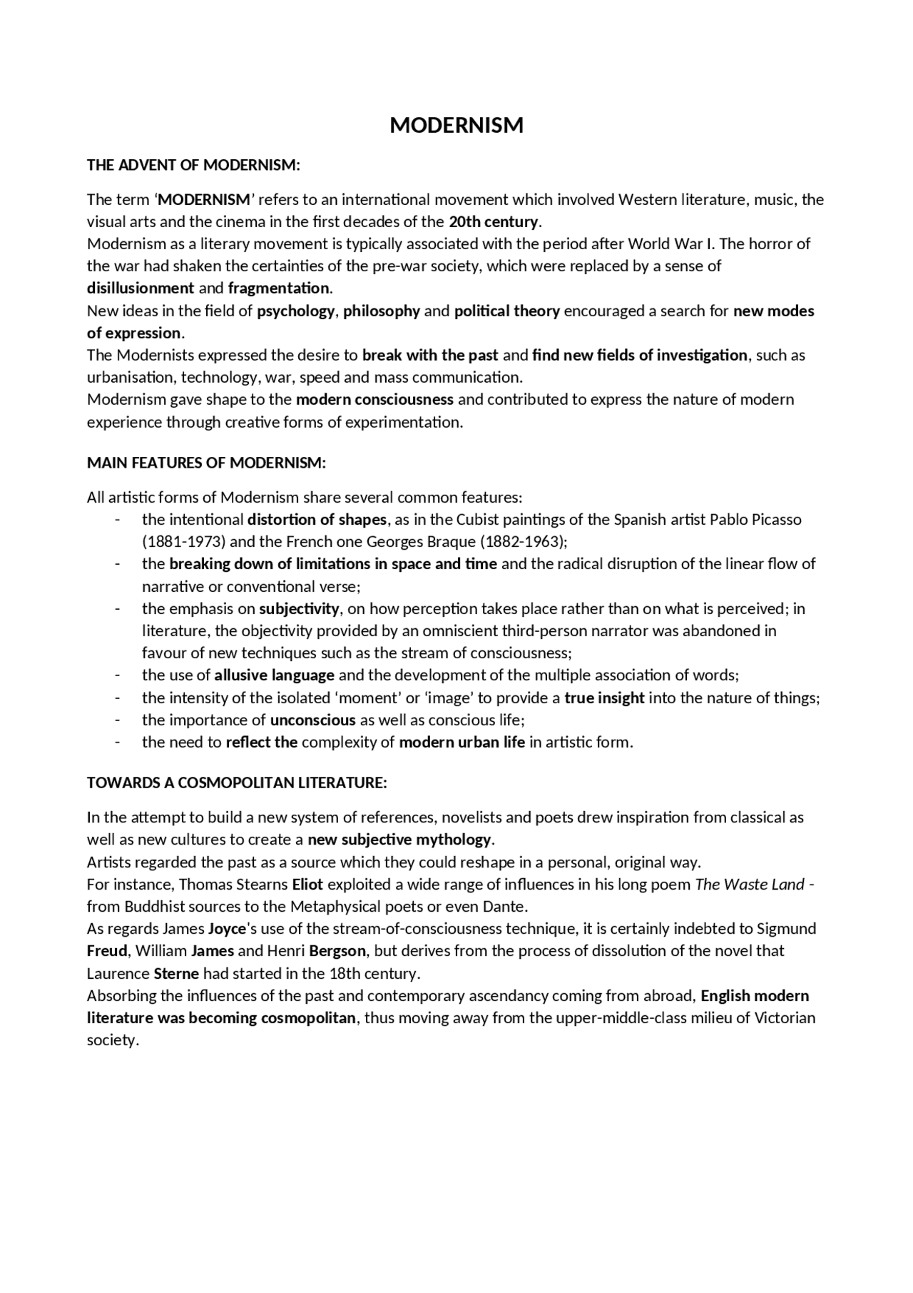 MODERNISM, THE MODERN NOVEL AND THE INTERIOR MONOLOGUE | Dispense di ...