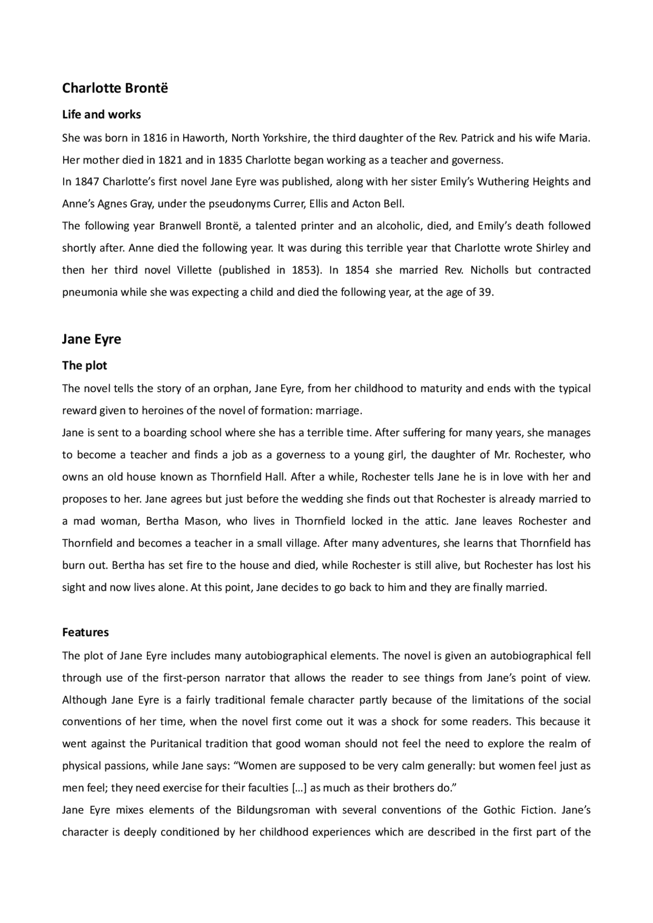 Charlotte Bronte And Jane Eyre Dispense Di Inglese Docsity