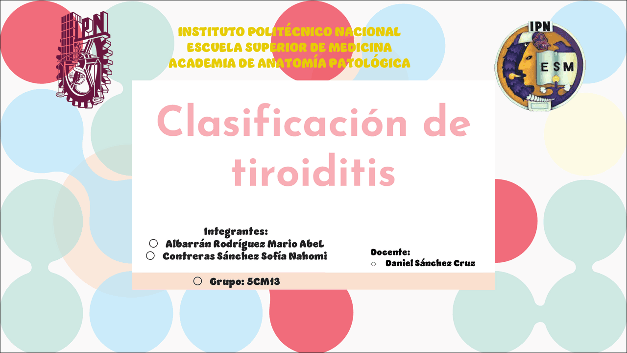Clasificación de tiroiditis | Diapositivas de Anatomía Patológica | Docsity