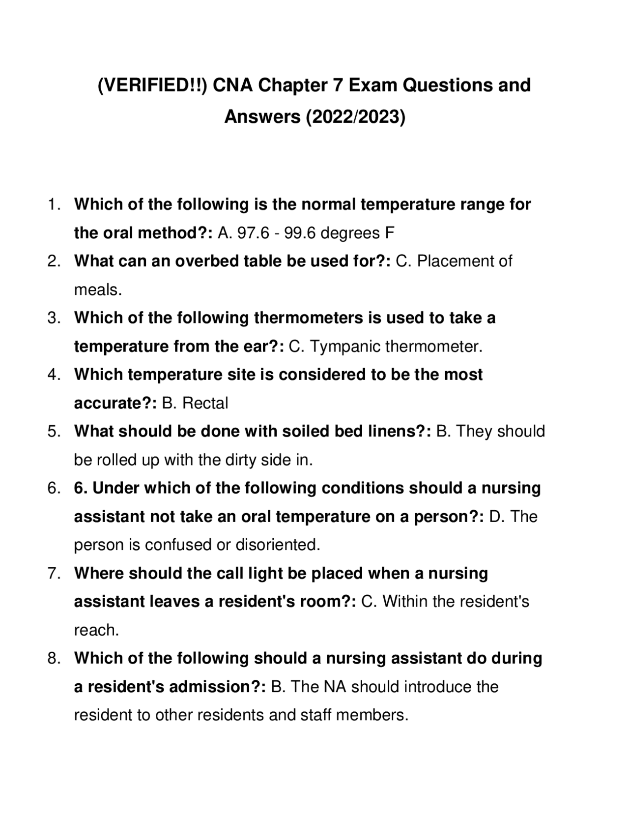 VERIFIED CNA Chapter 7 Exam Questions And Answers 2022 2023 VERIFIED CNA Chapter 7 Exam Questions And Answers 2022 2023