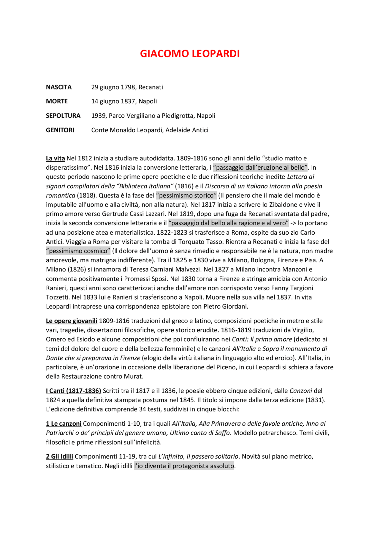 Riassunto Giacomo Leopardi | Appunti di Letteratura Italiana | Docsity