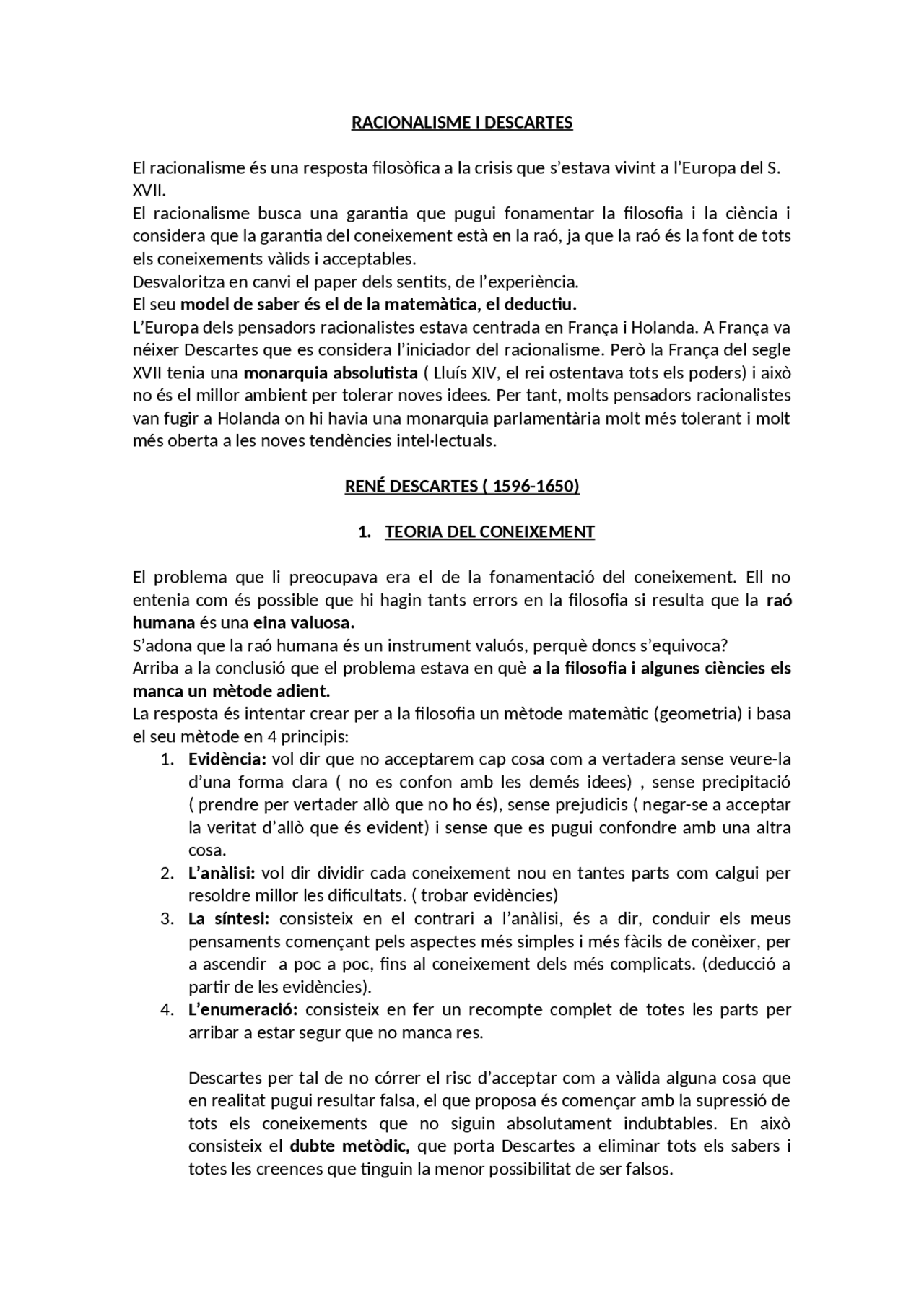 Racionalisme i Descartes | Notes de Philosophie | Docsity