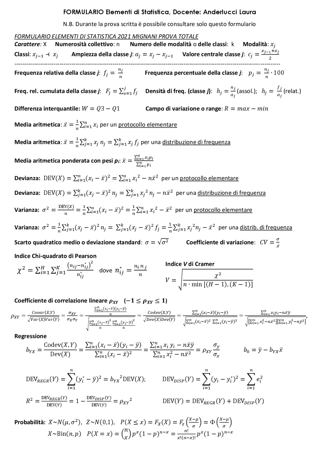 Formulario Elementi di Statistica - Elementi di Statistica 2021 ...