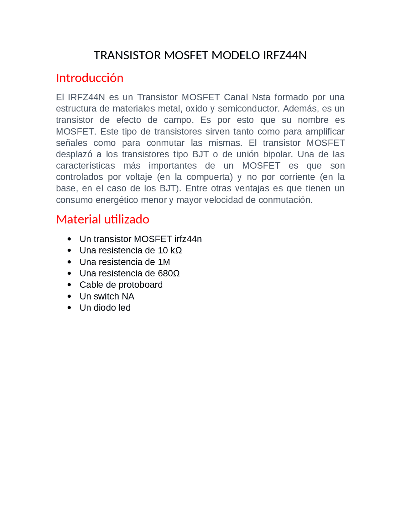 Transistor mosfet irf44z | Apuntes de Electrónica Analógica | Docsity
