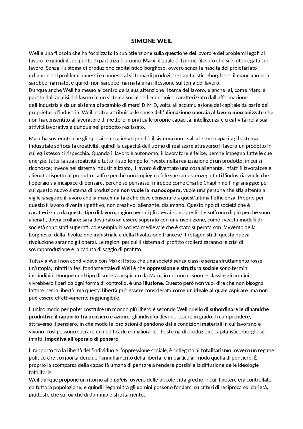 Simone Weil E Confronto Con Marx Dispense Di Filosofia Docsity