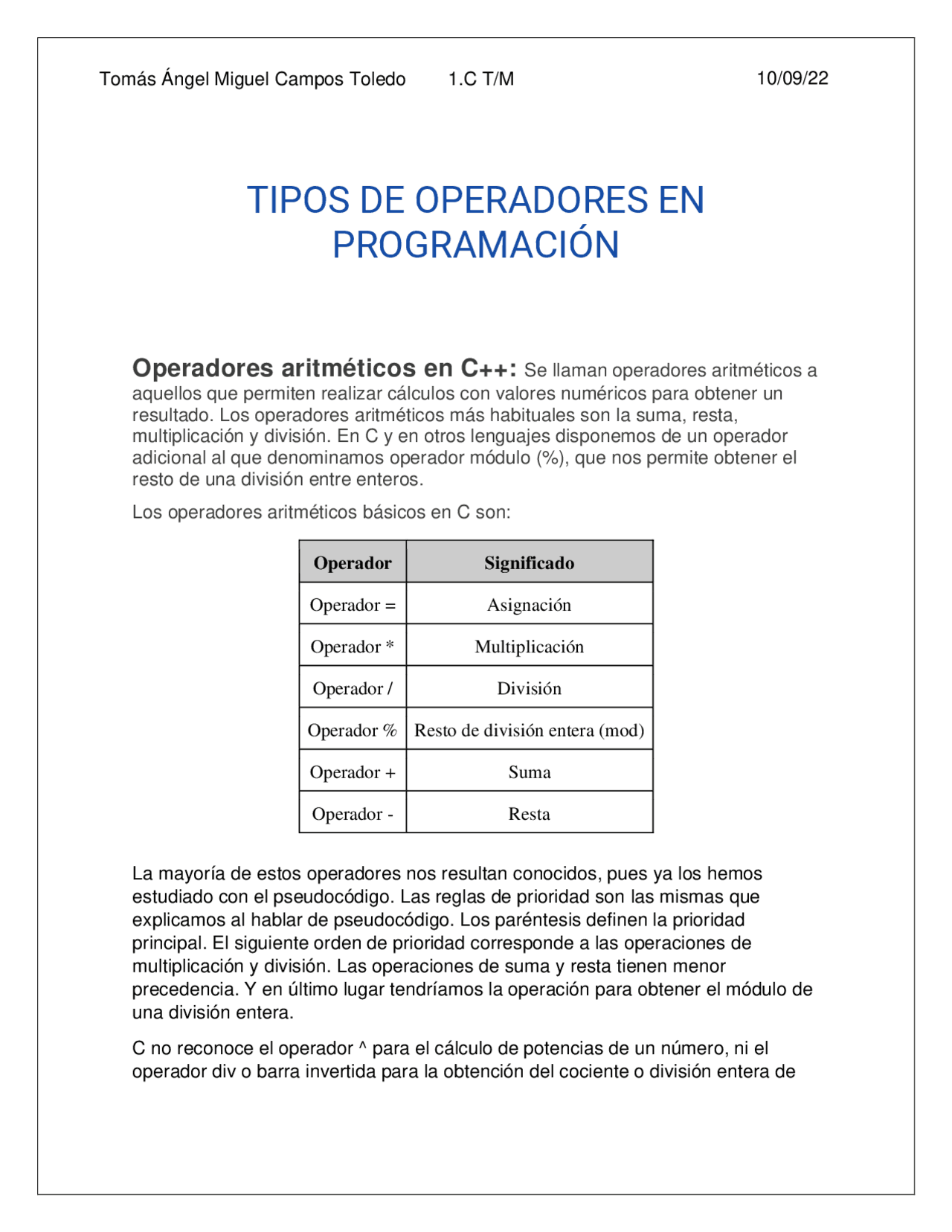 Tipos De Operadores En ProgramaciÓn Resúmenes De Programación C Docsity