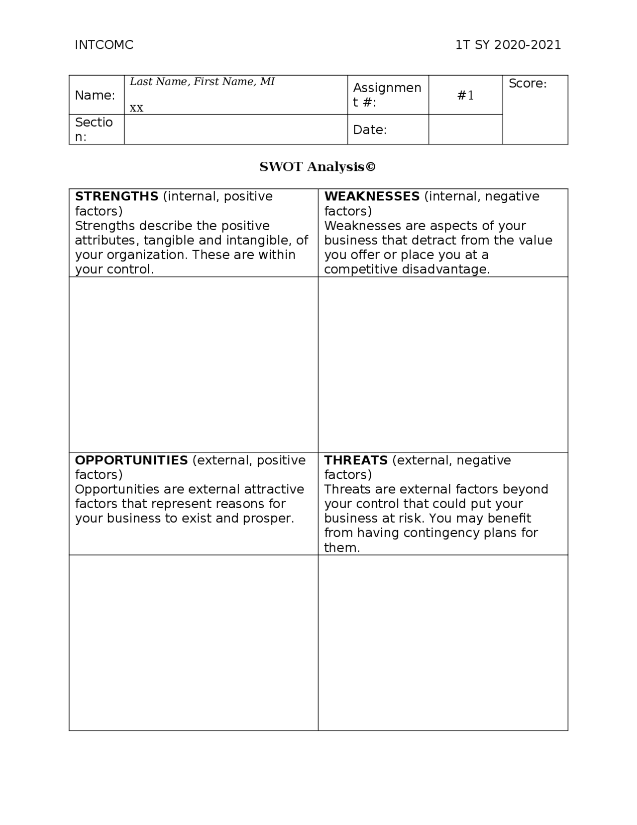 A Swot Analysis Template Assignments Computer Science Docsity