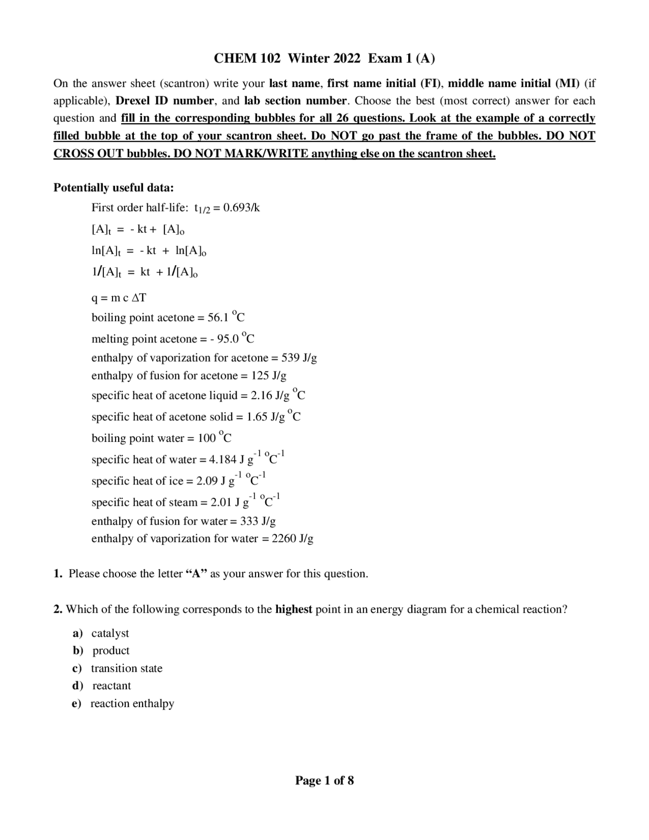 General Chemistry 2 (CHEM102) Midterm 1_Winter2021 | Exams Chemistry ...