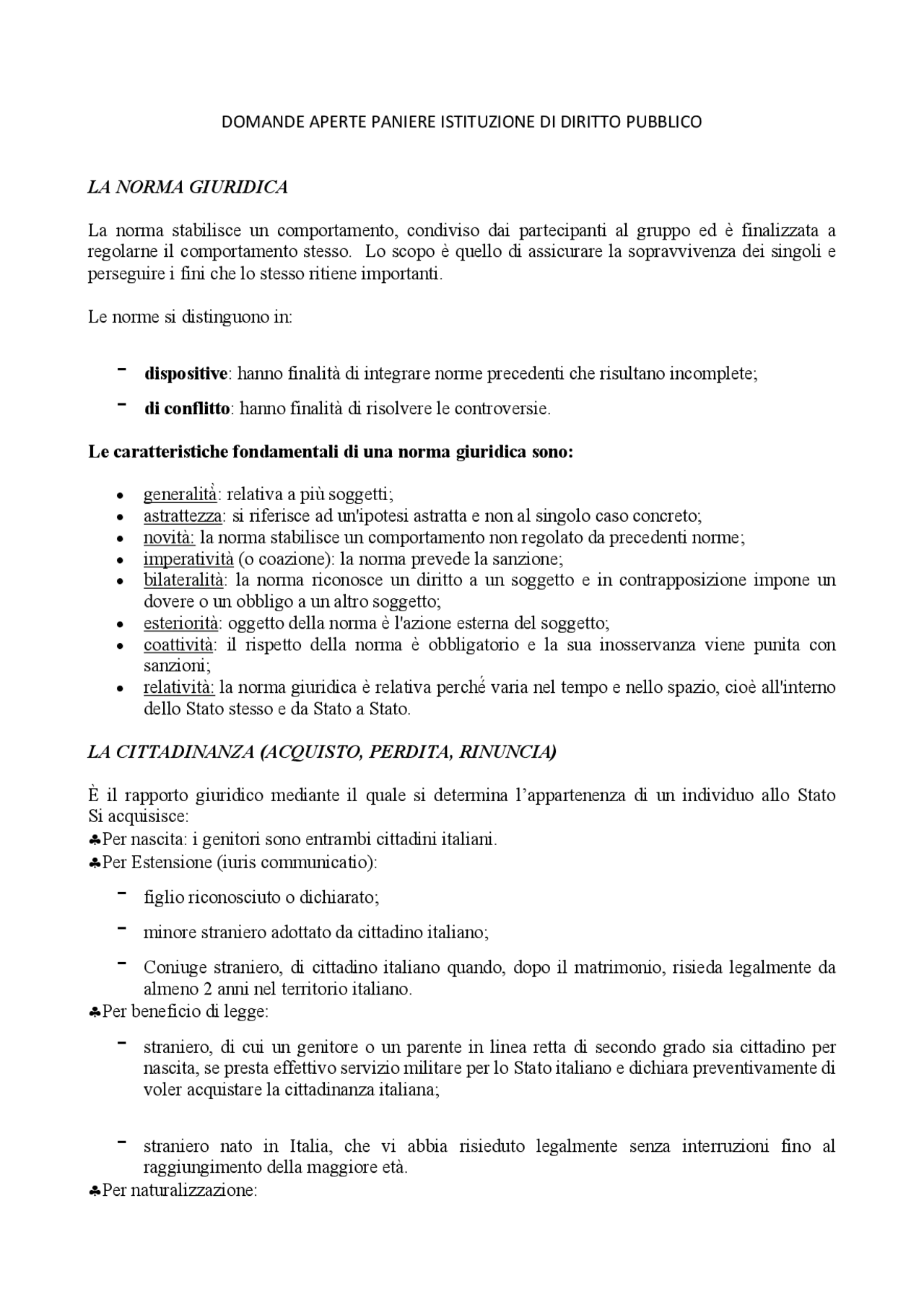 Domande Aperte Esame Panieri Di Diritto Pubblico Docsity