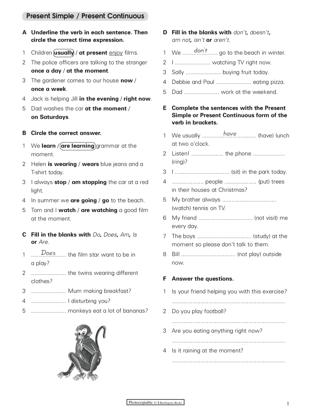 Actividades Present Simple and Present Continuous | Exercises of English | Docsity