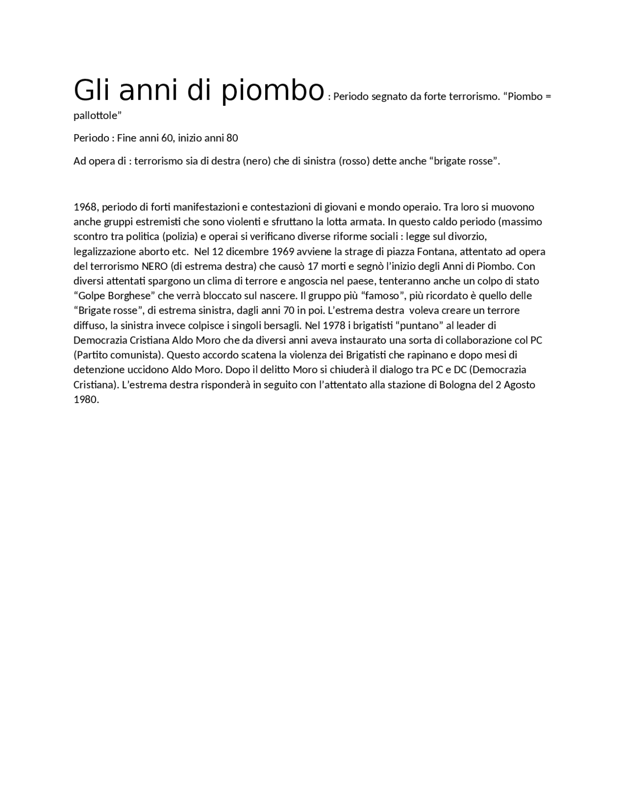 Riassunto Di Anni Di Piombe Appunti Di Storia Contemporanea Docsity