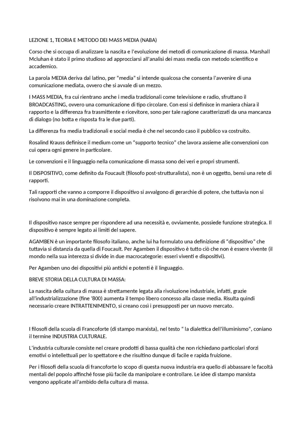 PRIMA LEZIONE TEORIA E METODO MASS MEDIA | Appunti di Teorie e tecniche ...