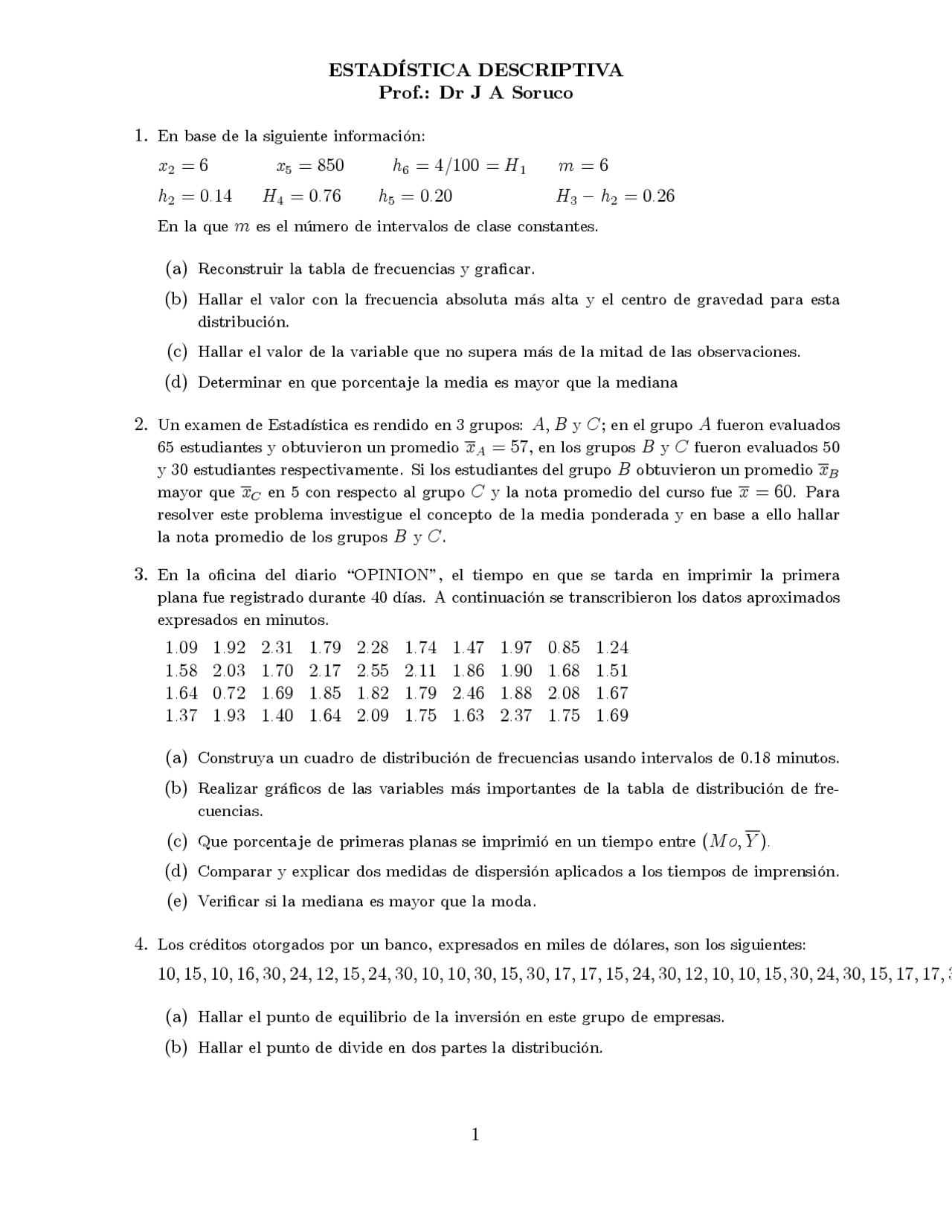 Ejercicios propuestos para estadística l | Exercises of Statistics | Docsity