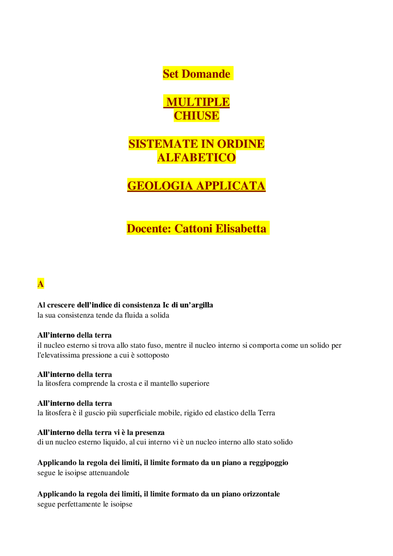 Geologia Applicata Domande Multiple Sistemate In Ordine Alfabetico
