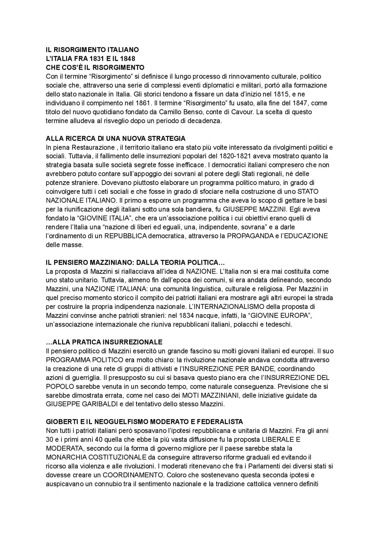 Il risorgimento italiano | Appunti di Storia | Docsity