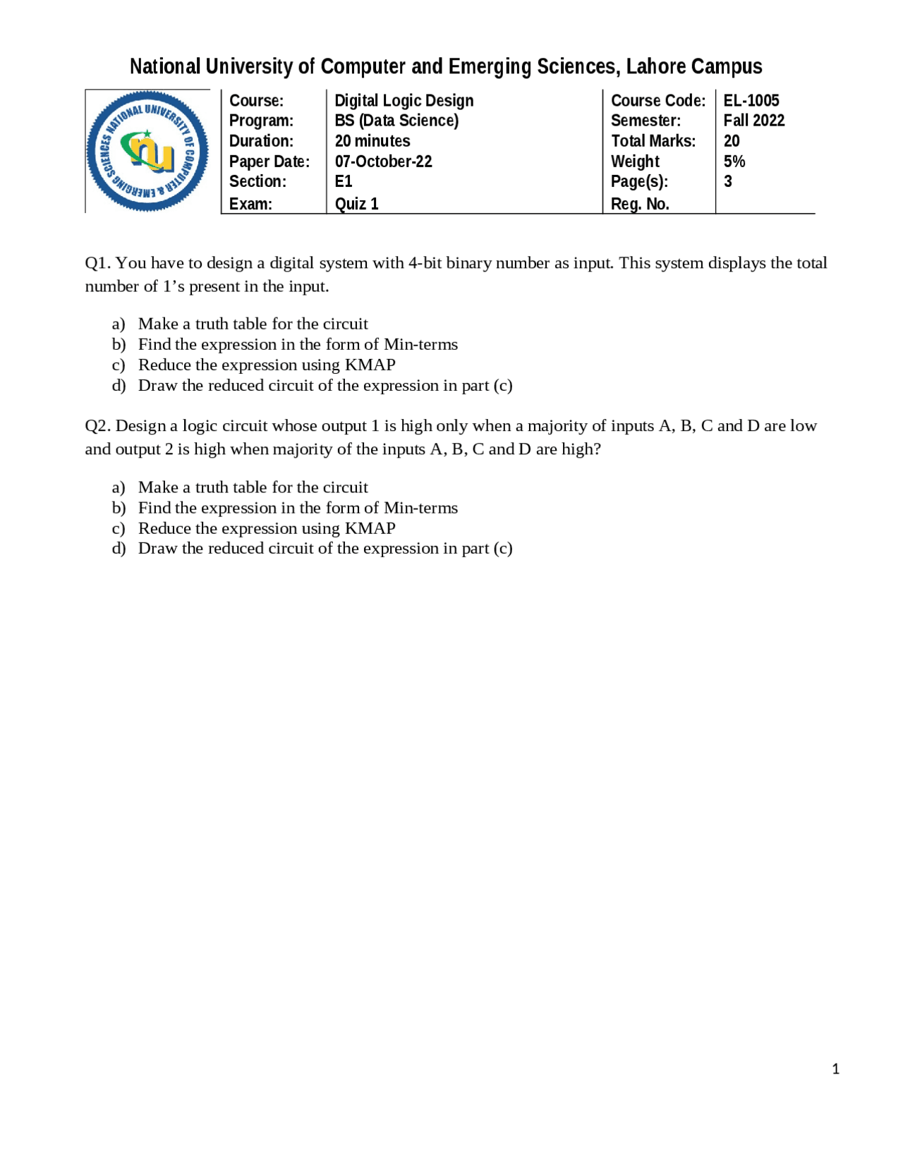 Quiz 1: Digital Logic Design - BS (Data Science) at NUCES, Lahore Campus | Quizzes Digital Logic ...