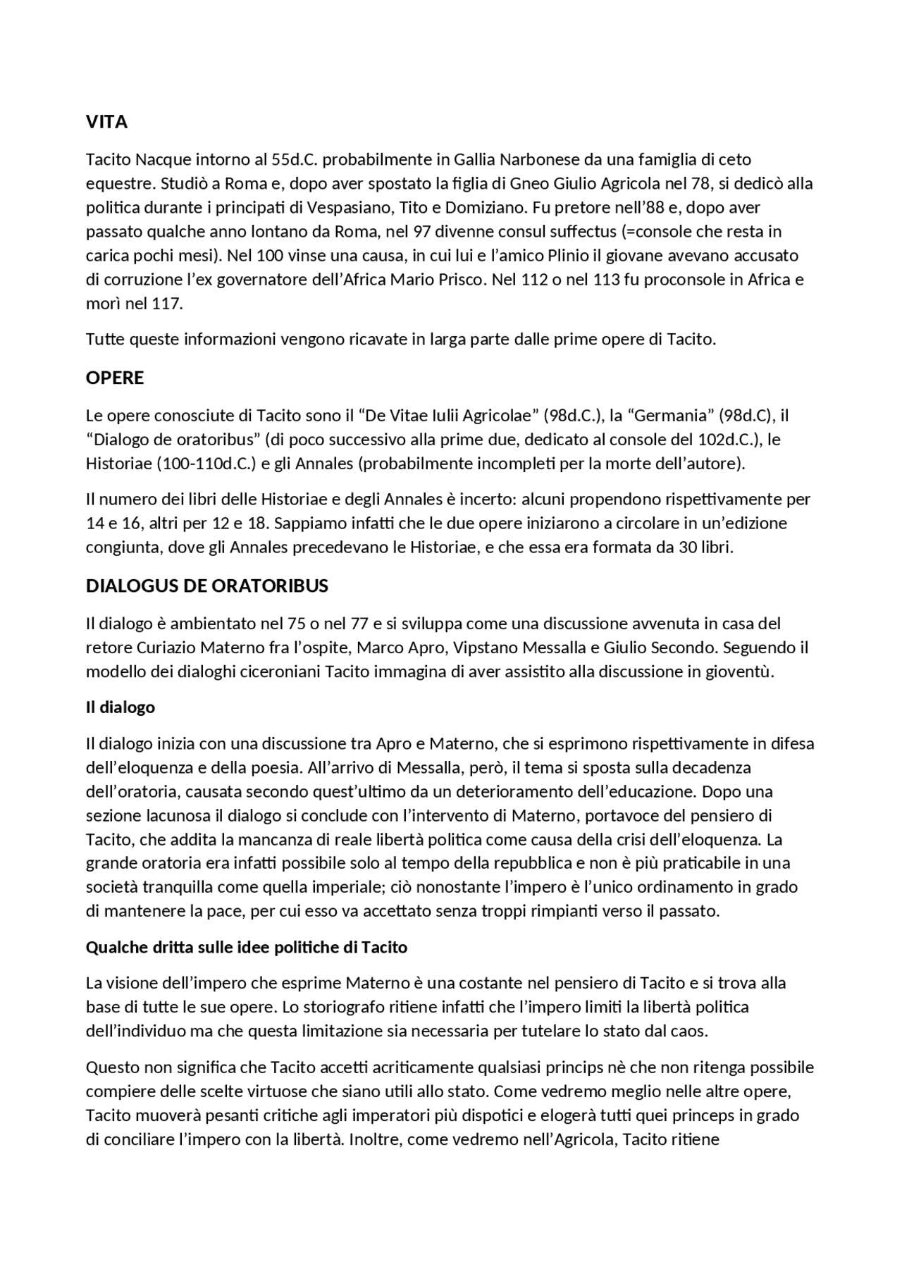 Riassunto Di Tacito Vita E Opere Schemi E Mappe Concettuali Di Latino