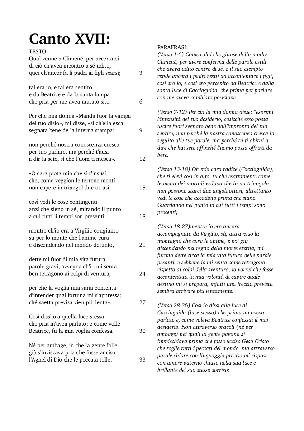 Canto 17 del paradiso (analisi e parafrasi) | Appunti di Italiano | Docsity