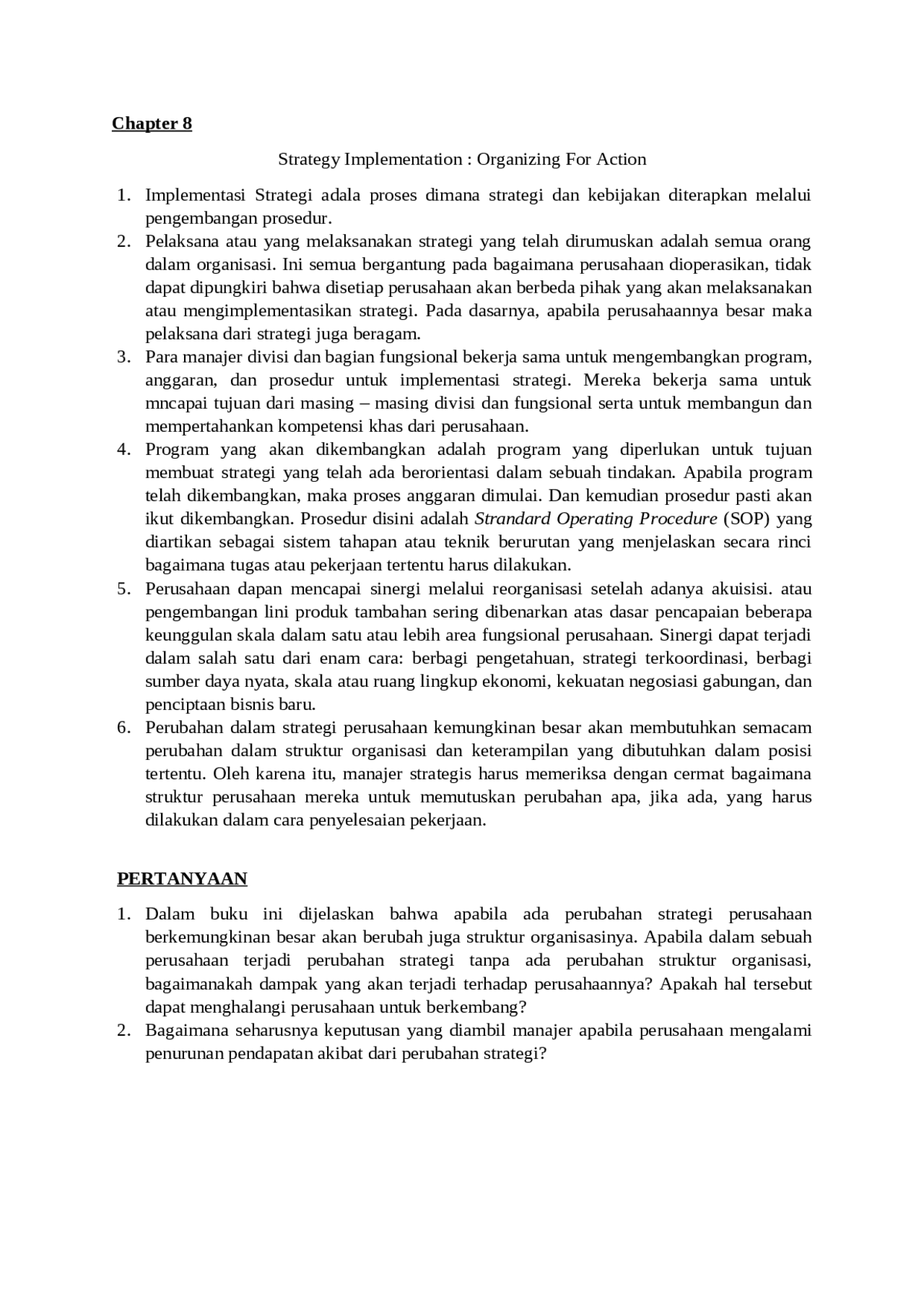 Strategy Implementation Organizing For Action Summaries Strategic Management Docsity