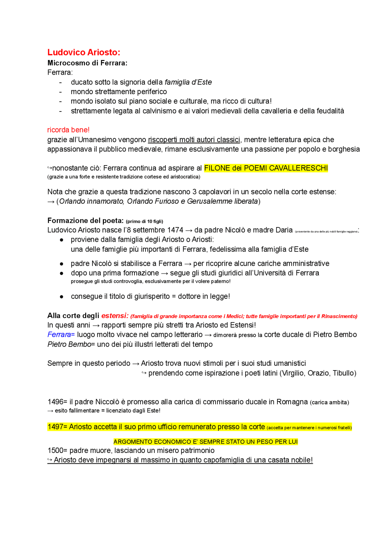 Ludovico Ariosto (opere e vita) | Appunti di Italiano | Docsity