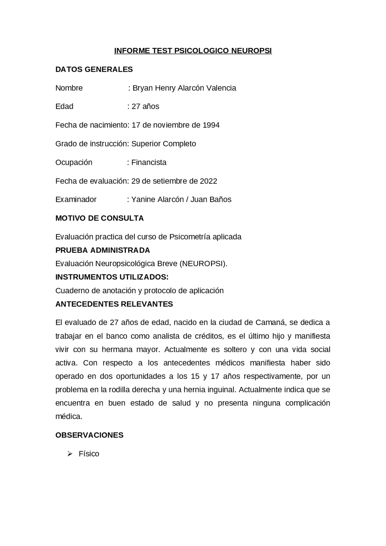 Informe De Test Neuropsi Apuntes De Psicometría Docsity