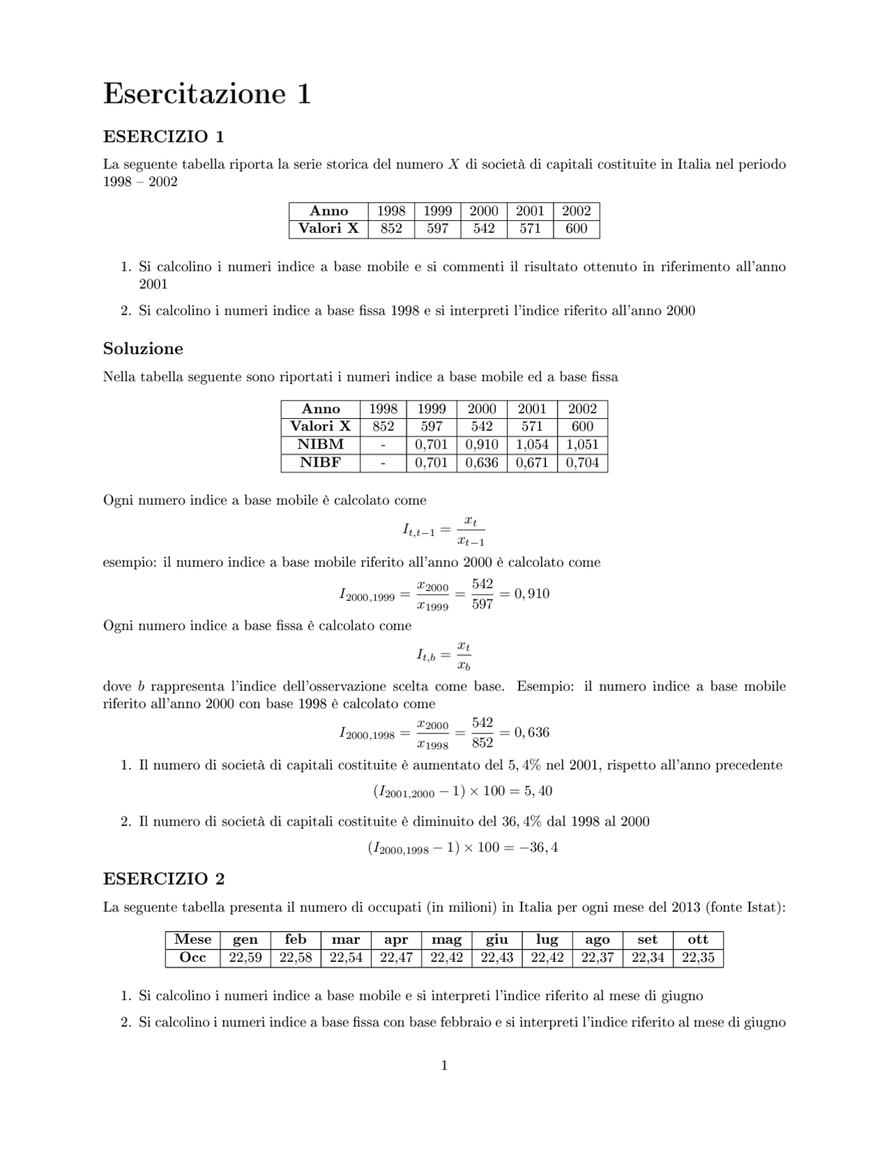 Esercizi svolti Statistica I - Bicocca | Esercizi di Statistica | Docsity