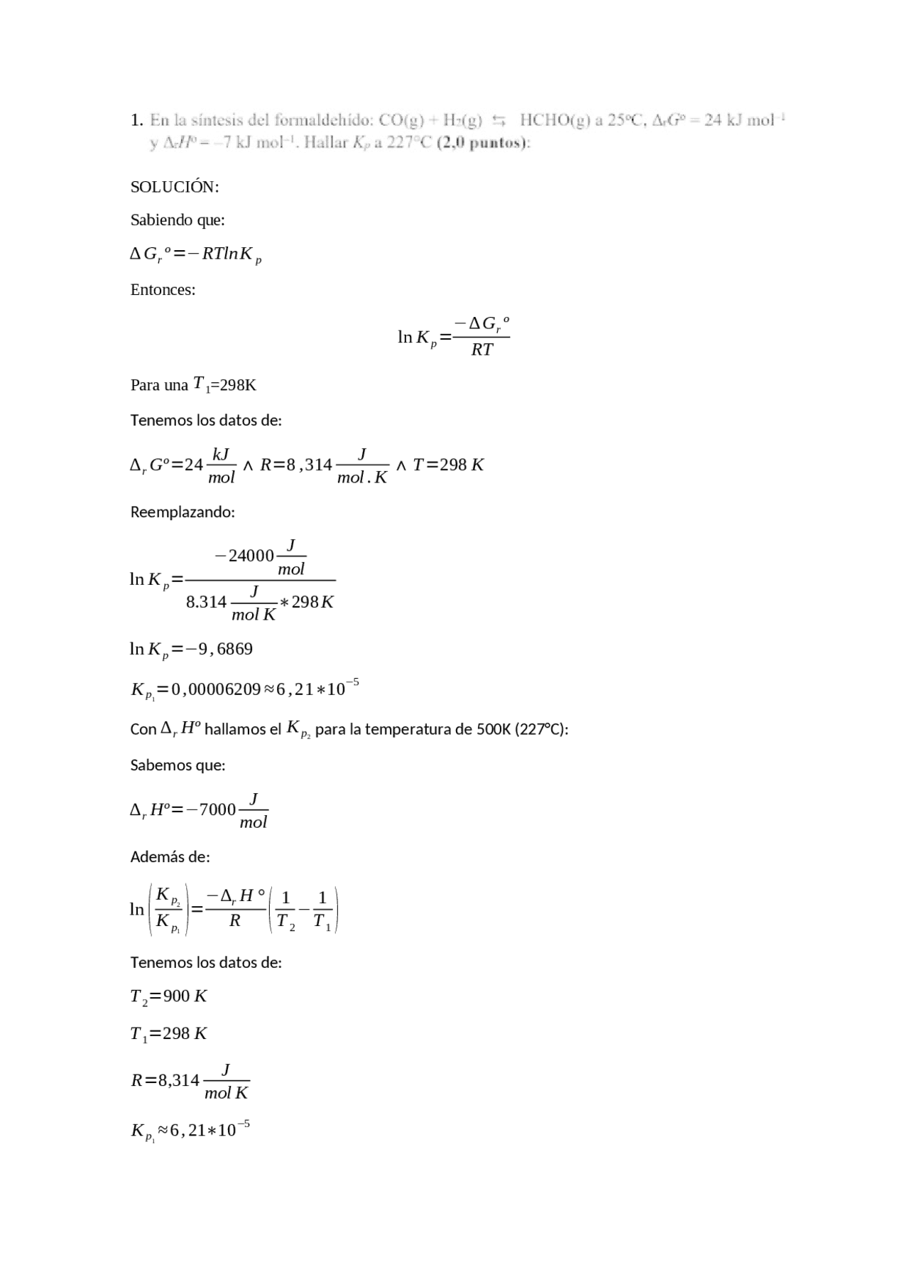 Ejercicios propuesto de fisicoquímica. | Ejercicios de Física | Docsity