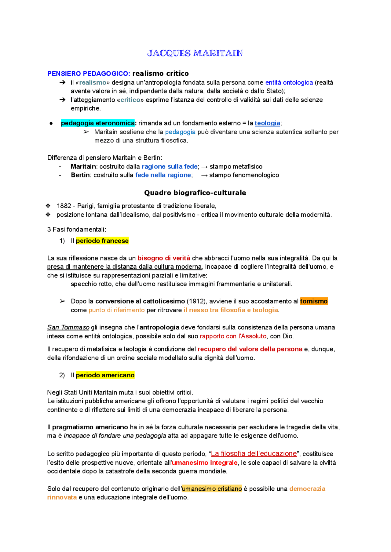 JACQUES MARITAIN e l’umanesimo integrale | Schemi e mappe concettuali ...