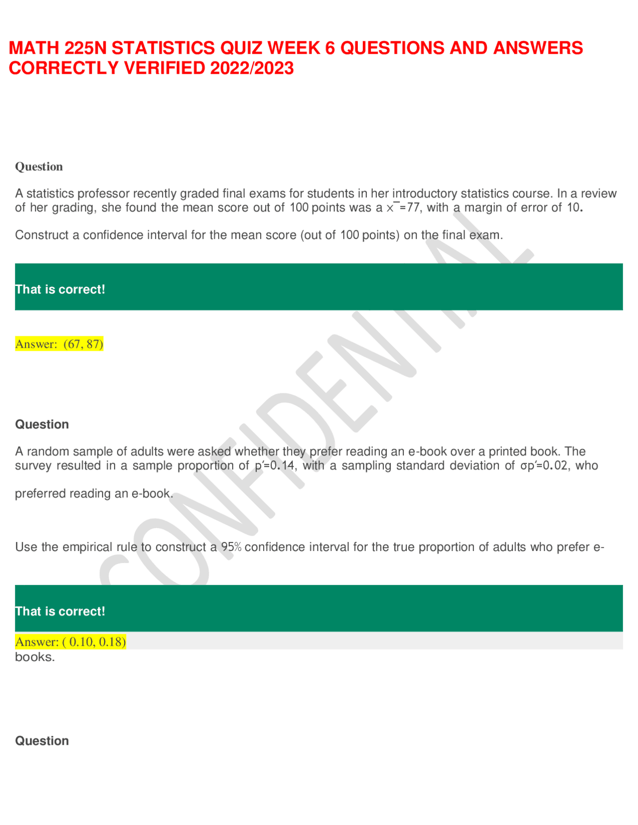 MATH 225N STATISTICS QUIZ WEEK 6 2022/2023 | Exams Nursing | Docsity