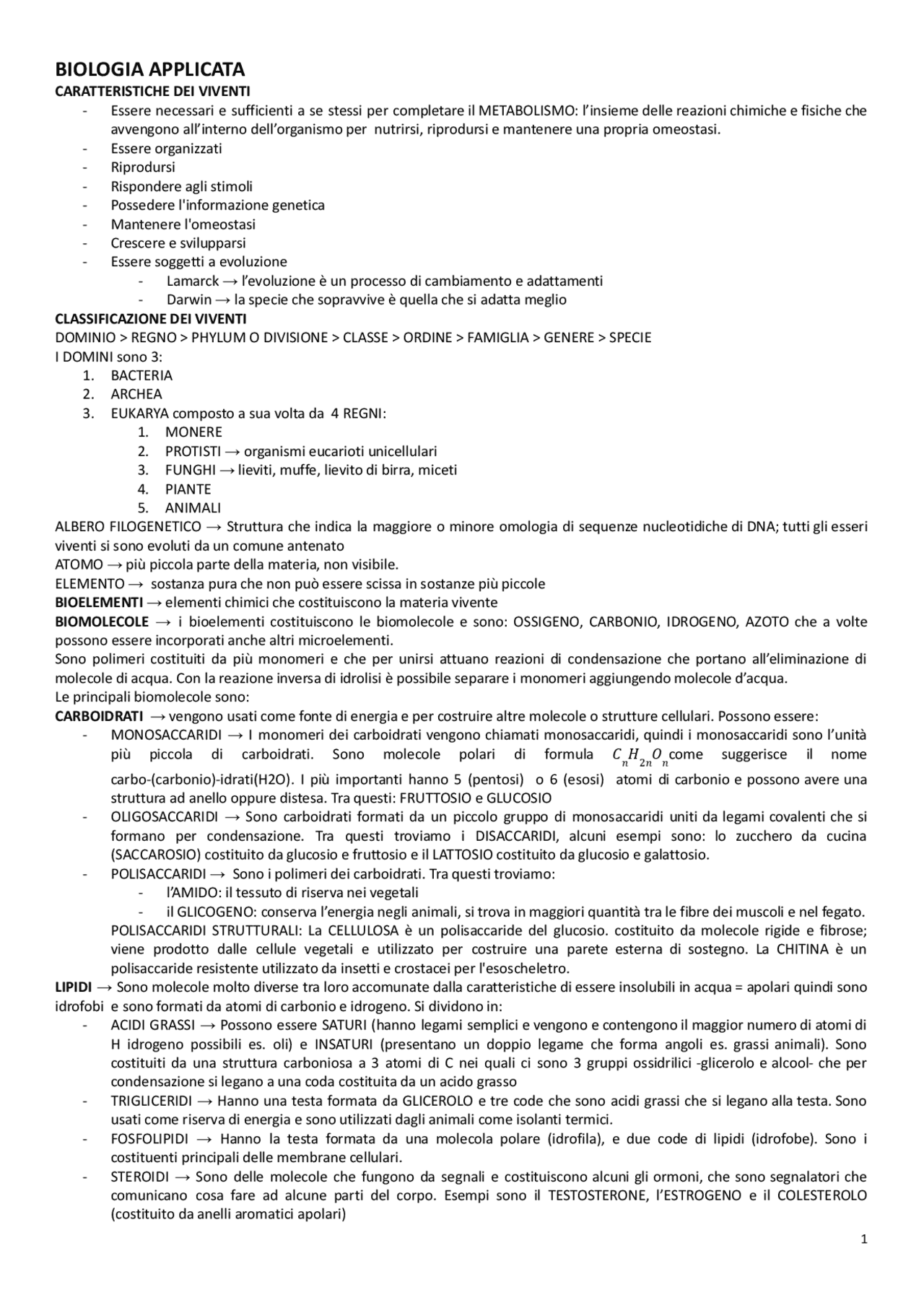 Riassunto Biologia Applicata Sintesi Del Corso Di Biologia Applicata Docsity