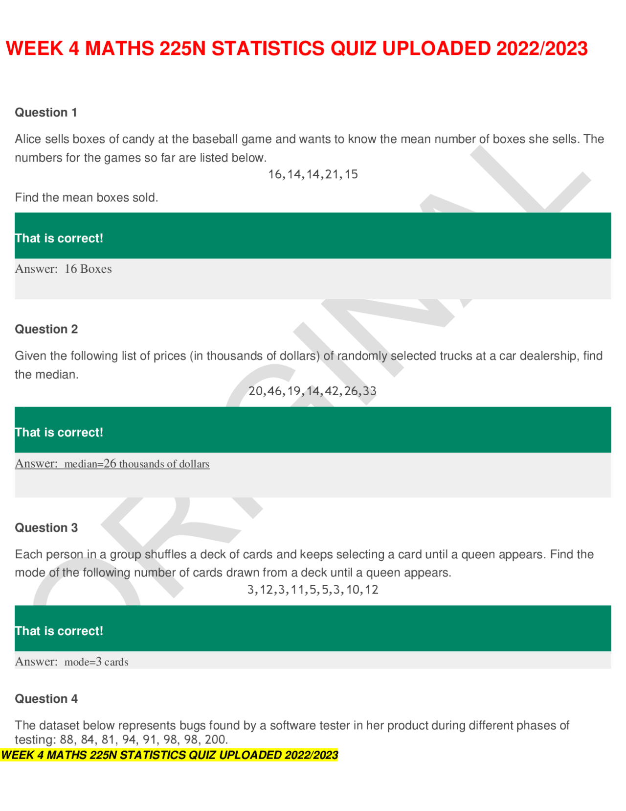 WEEK 4 MATHS 225N STATISTICS QUIZ UPLOADED 2022 | Exams Nursing | Docsity