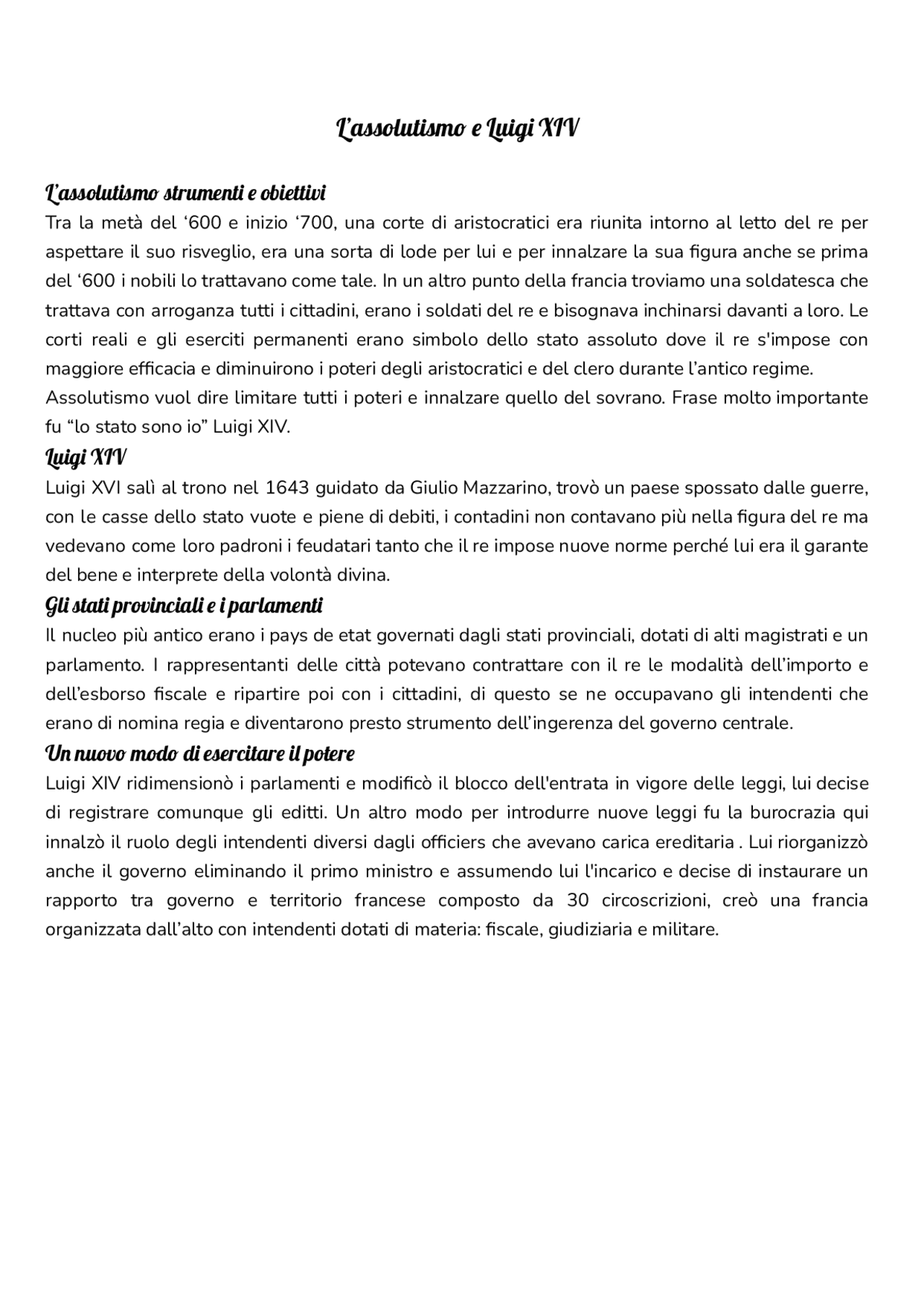 Lassolutismo Di Luigi Xiv Schemi E Mappe Concettuali Di Storia Docsity
