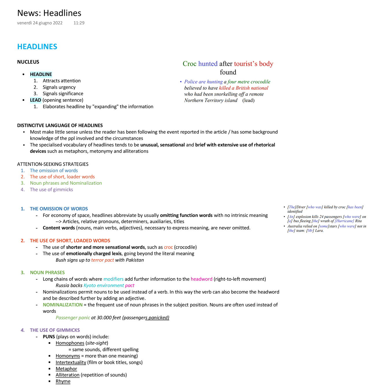 News structure: Headlines | Appunti di Lingua Inglese | Docsity