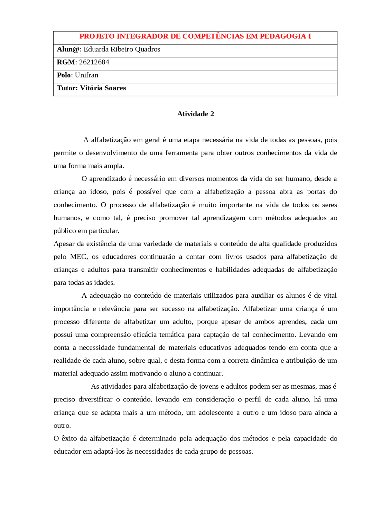 Atividade Projeto Integrador Trabalhos Pedagogia Docsity