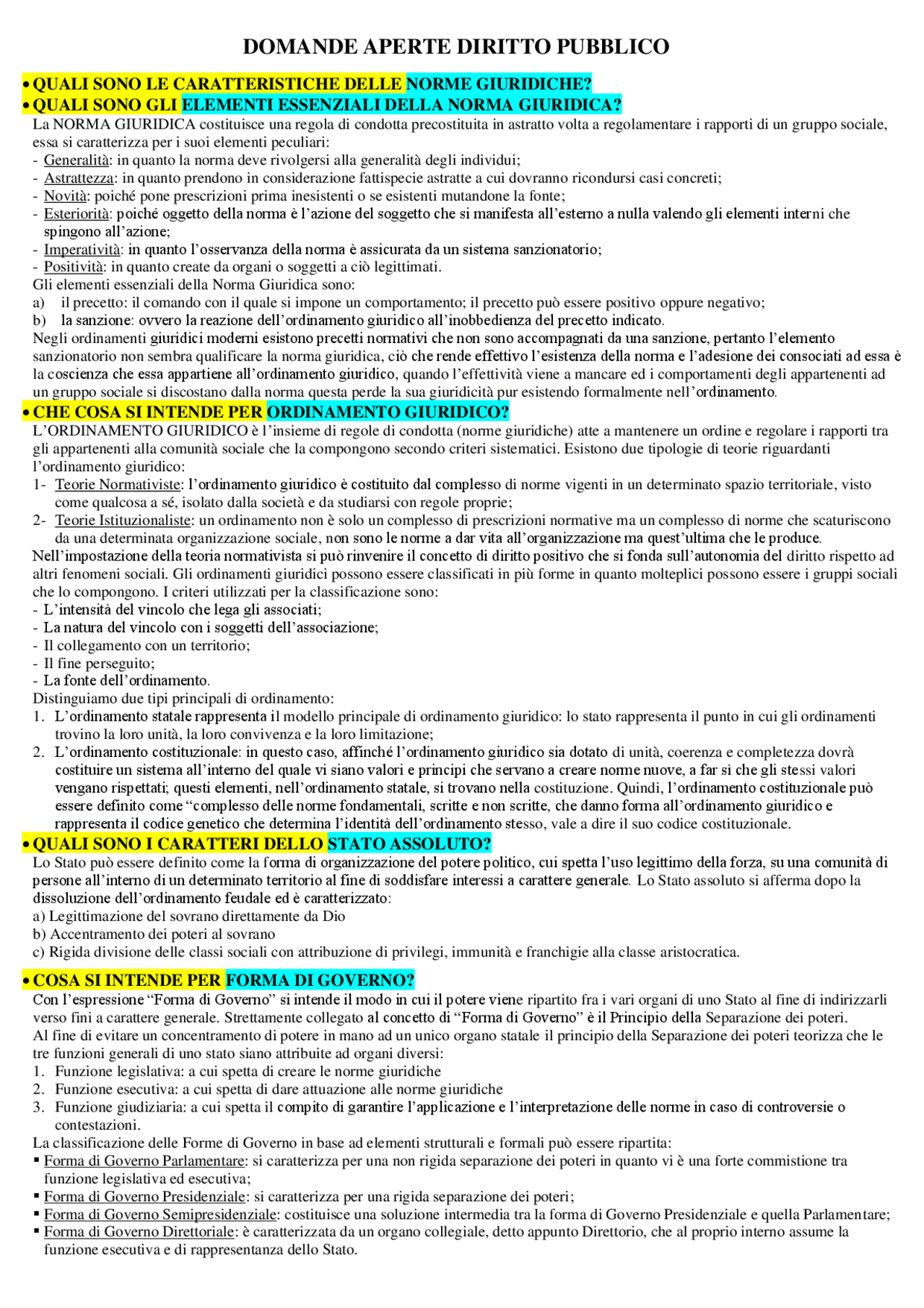 Domande aperte paniere di diritto pubblico | Panieri di Diritto Pubblico | Docsity