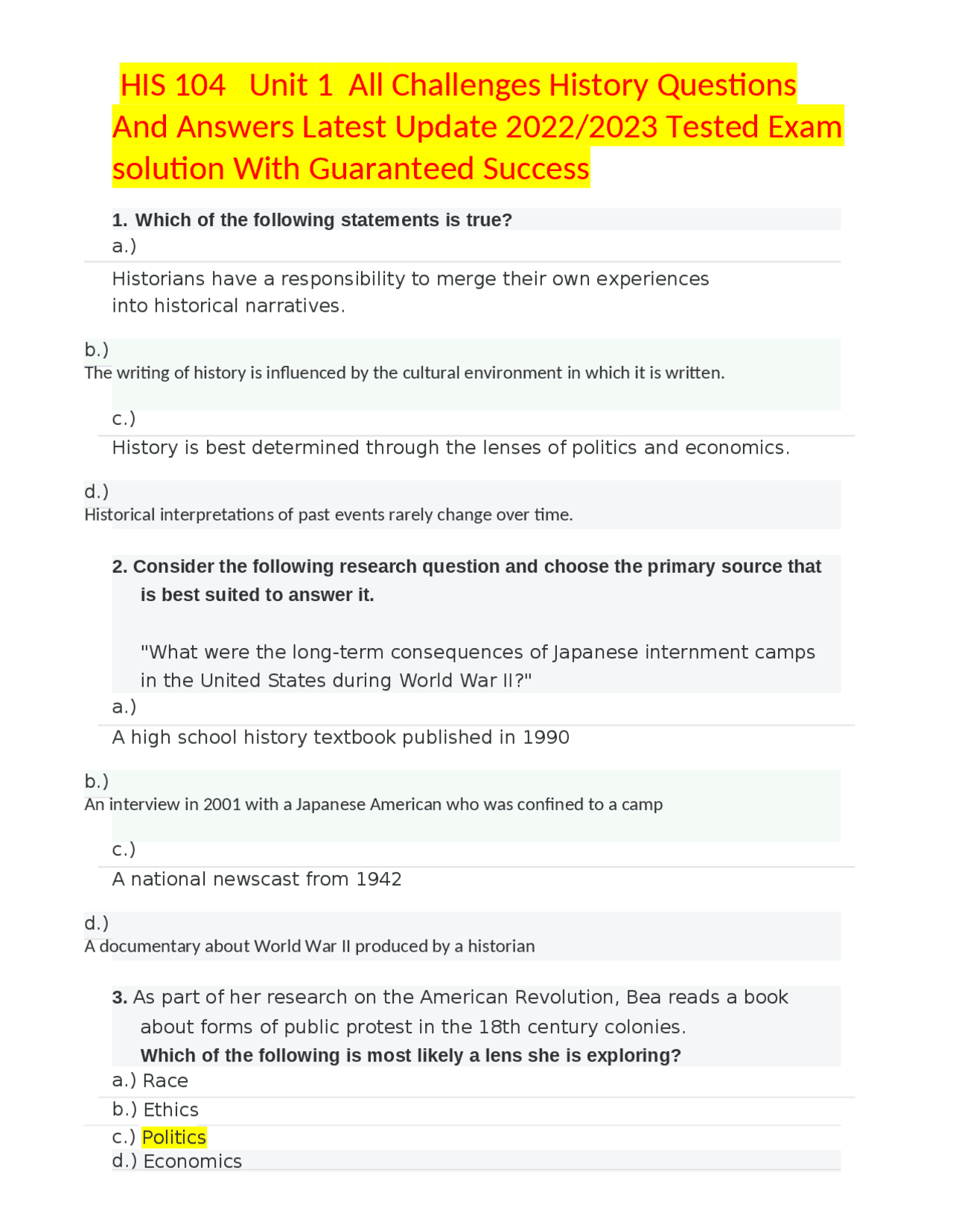 HIS 104 Unit 1 All Challenges History Questions And Answers Latest ...