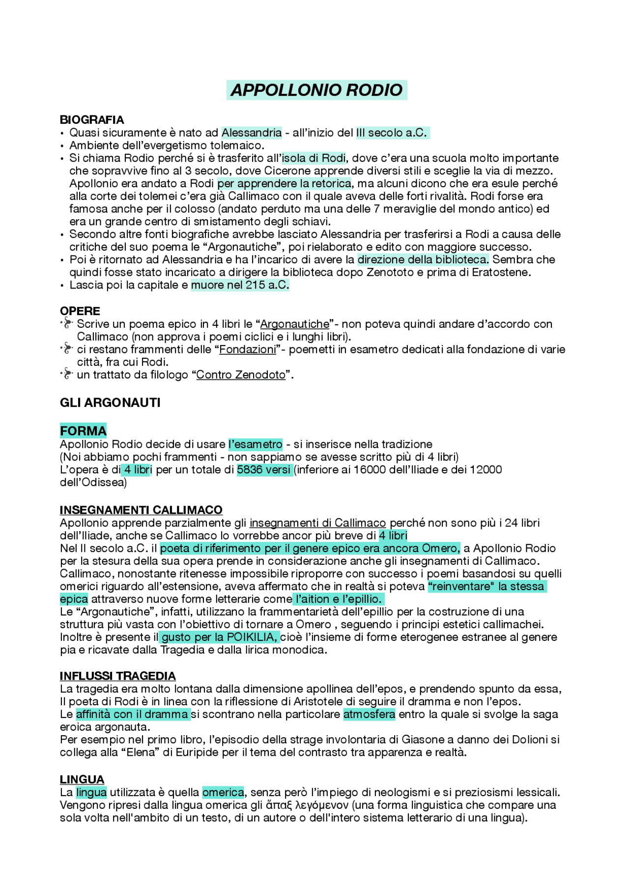 Apollonio rodio, biografia, areonautiche | Appunti di Greco | Docsity