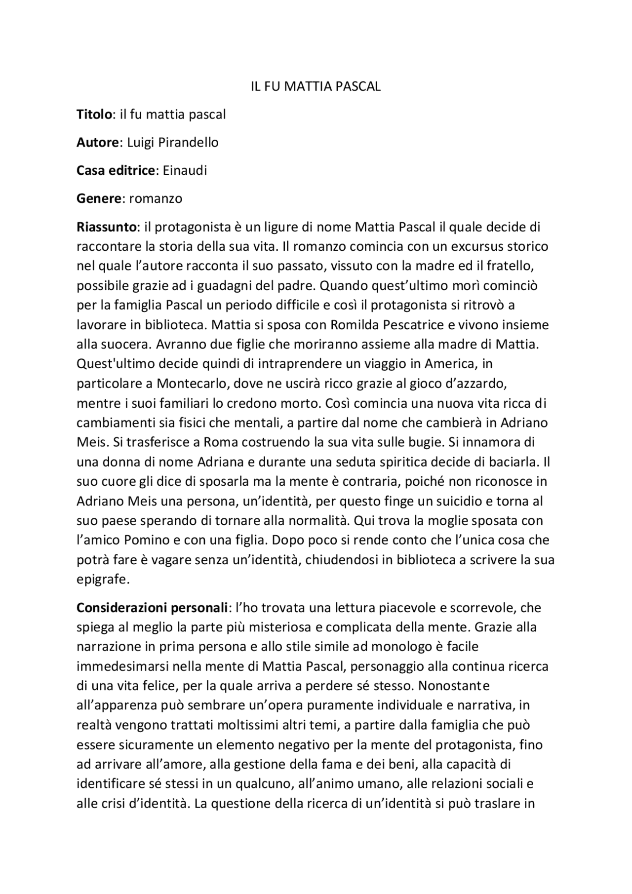 Analisi E Commento Il Fu Mattia Pascal Appunti Di Italiano Docsity