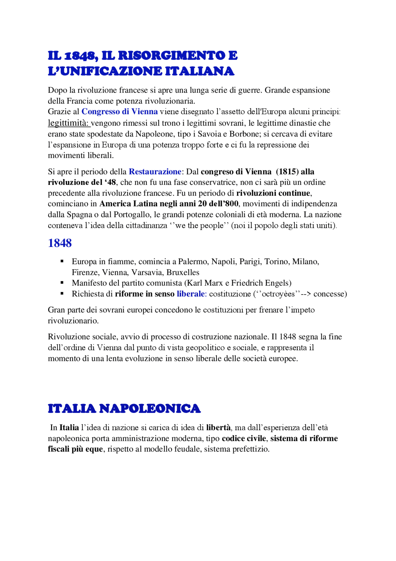 Appunti storia risorgimento, unificazione italiana | Appunti di Storia Contemporanea | Docsity