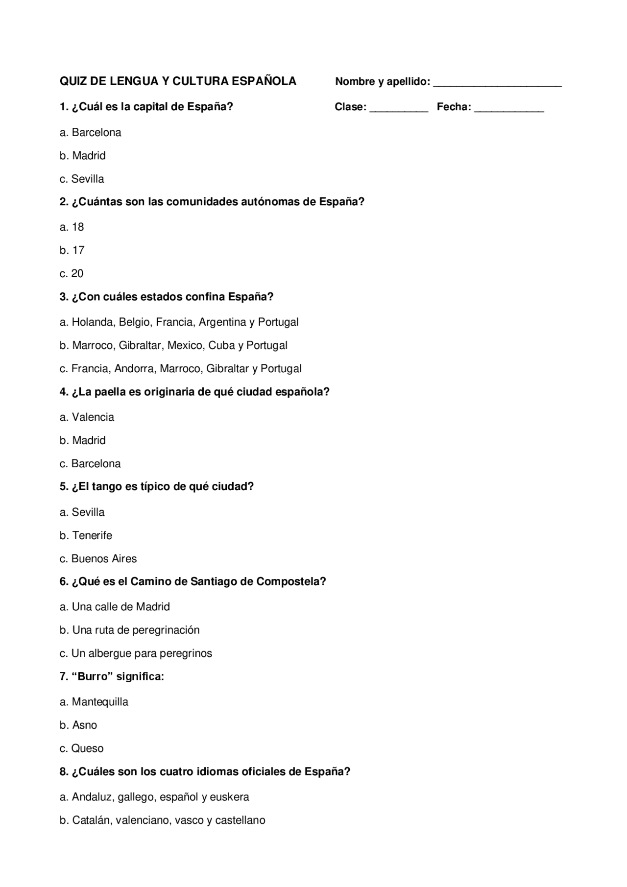 Quiz de lengua y cultura espanola | Test d'ammissione di Lingua ...