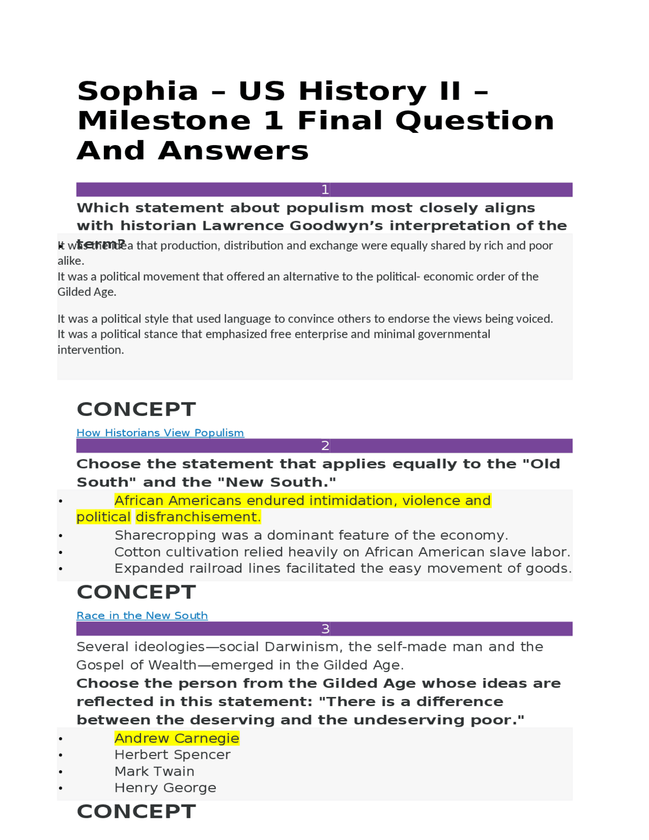 Sophia – US History II – Milestone 1 Final Question And Answers | Exams ...