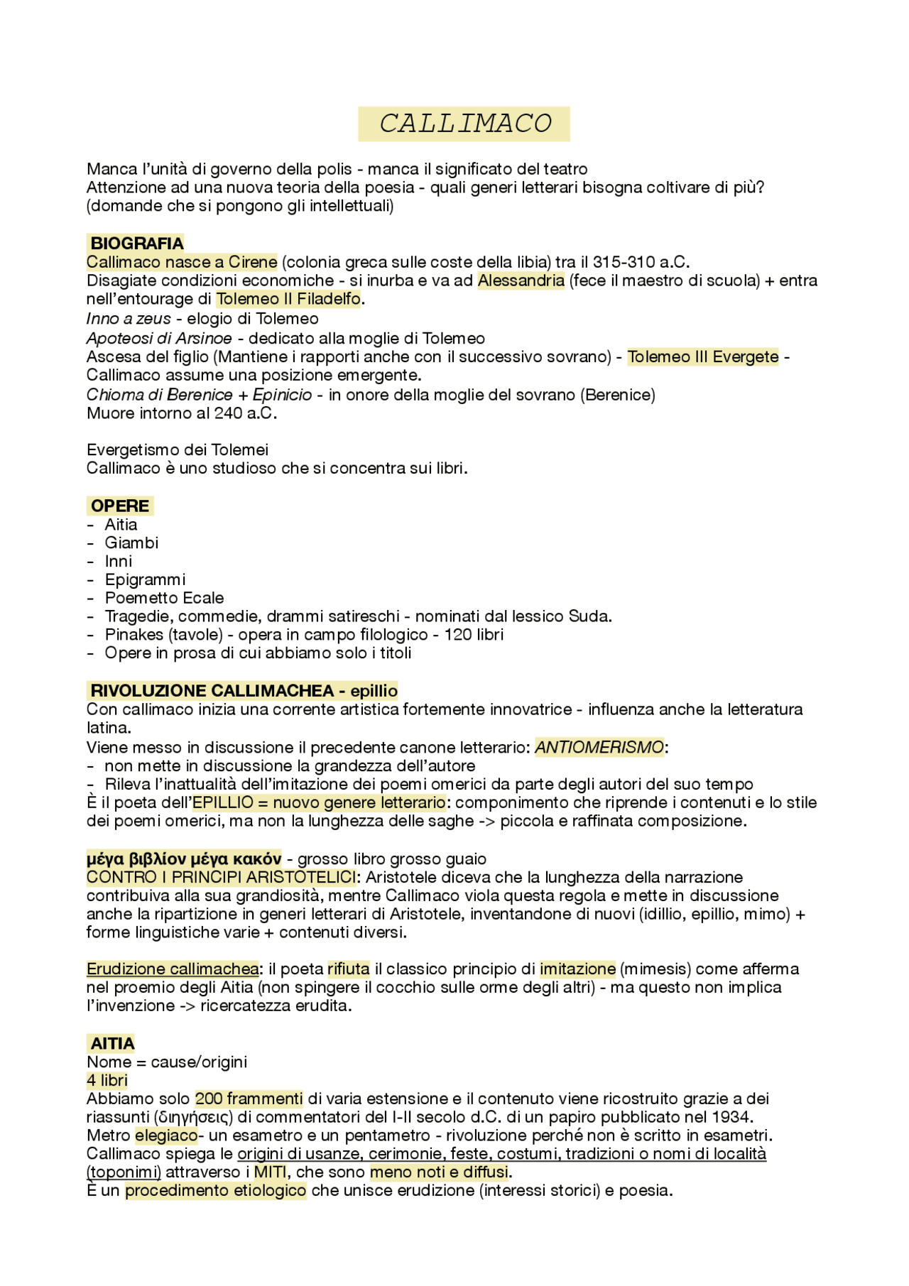 Callimaco Biografia E Opere Appunti Di Greco Docsity