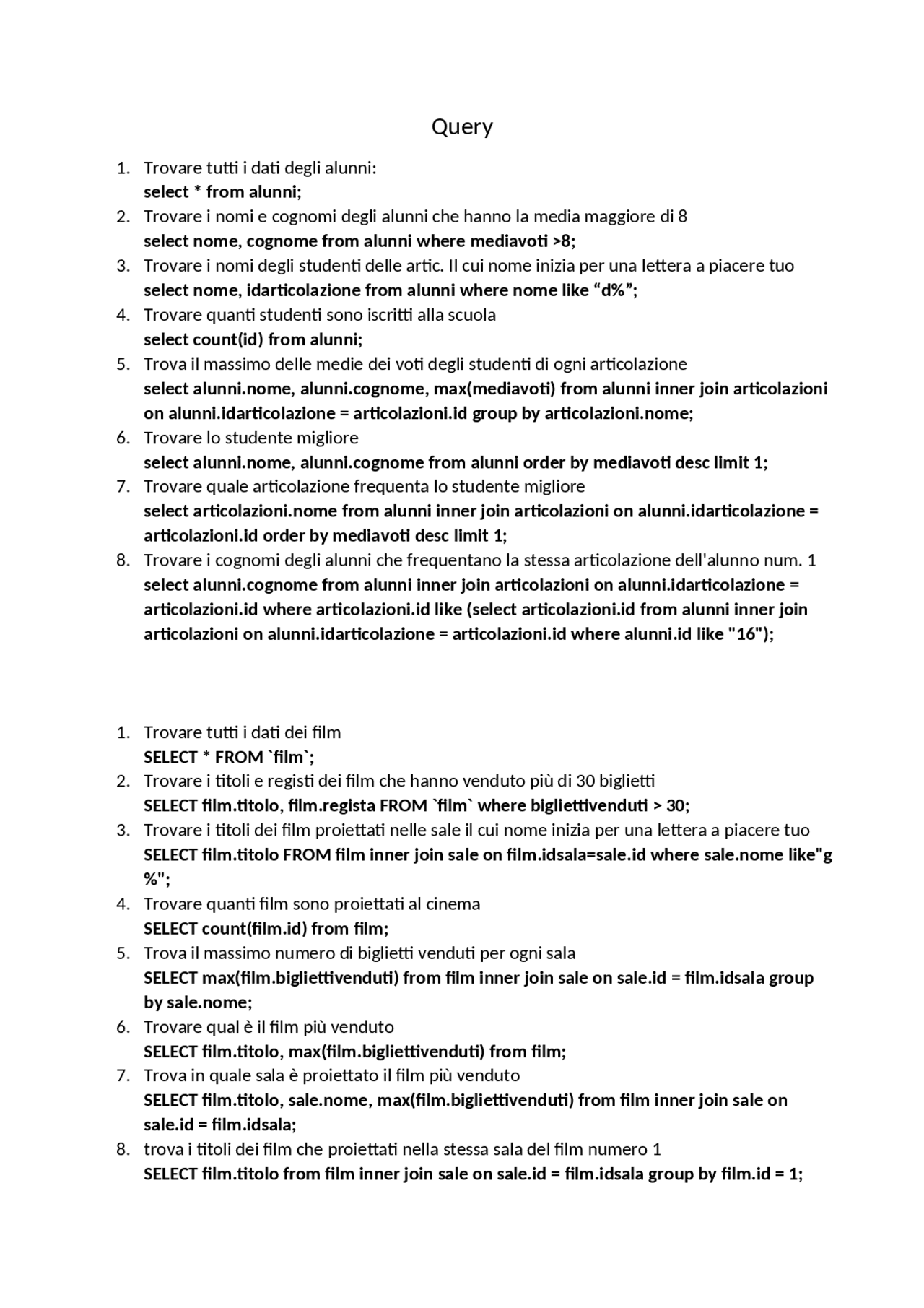 Query linguaggio sql | Appunti di Informatica | Docsity